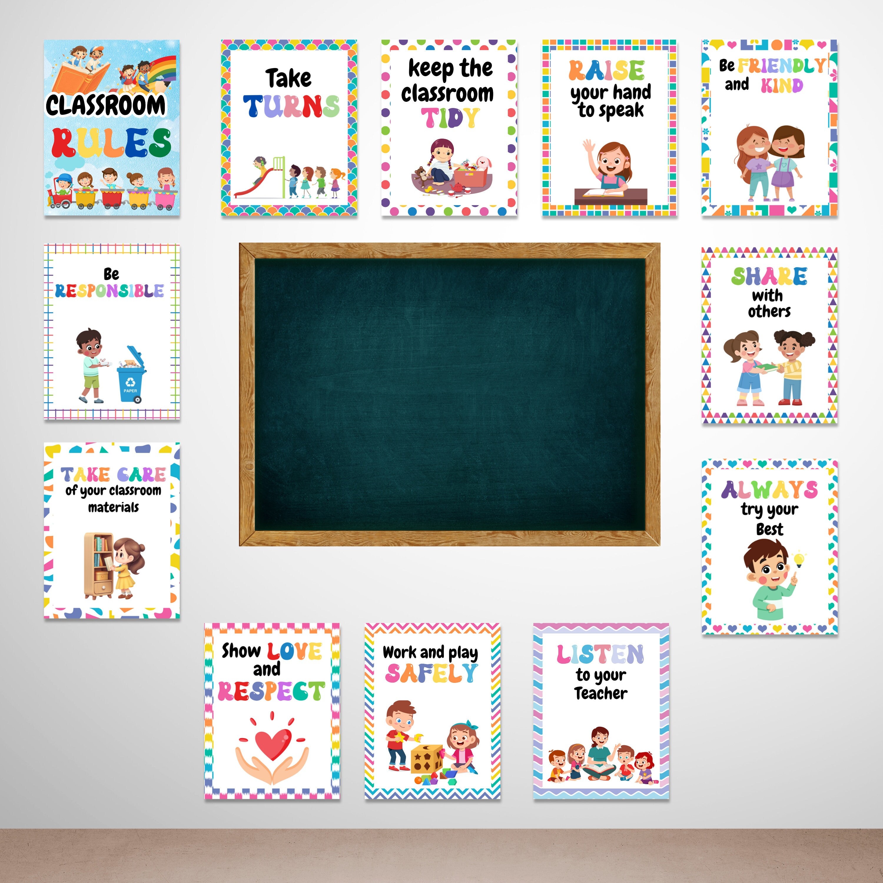 Classroom Rules Poster Set of 12 Class Expectations Elementary ...