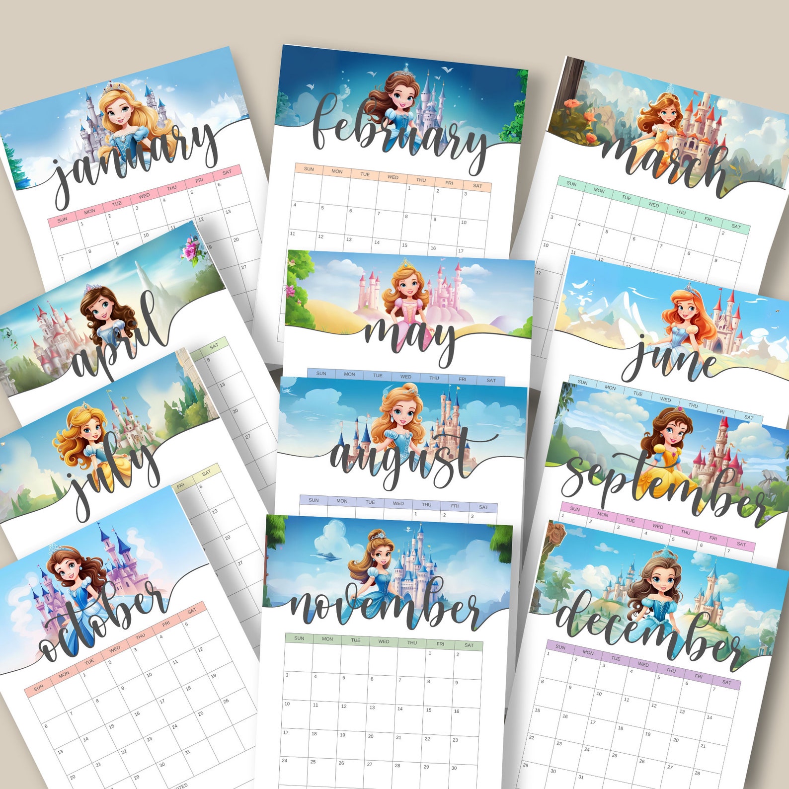 Printable 2024- 2025 Princess Calendar Kids Monthly Planner Unique ...