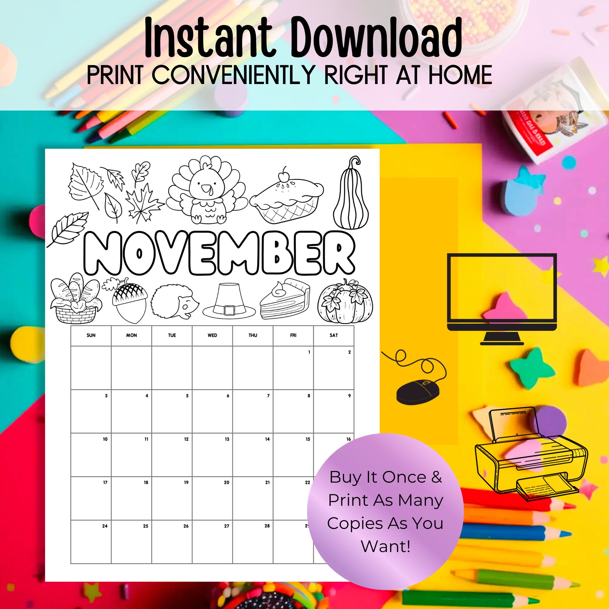 Printable 2024 2025 Coloring Calendar for Kids Elementary Teacher ...