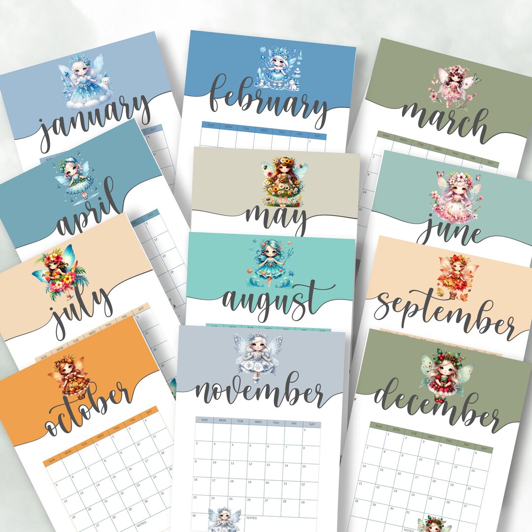 Fairy Calendar 2025 Printable Split Script Monthly Name 12 Charming ...