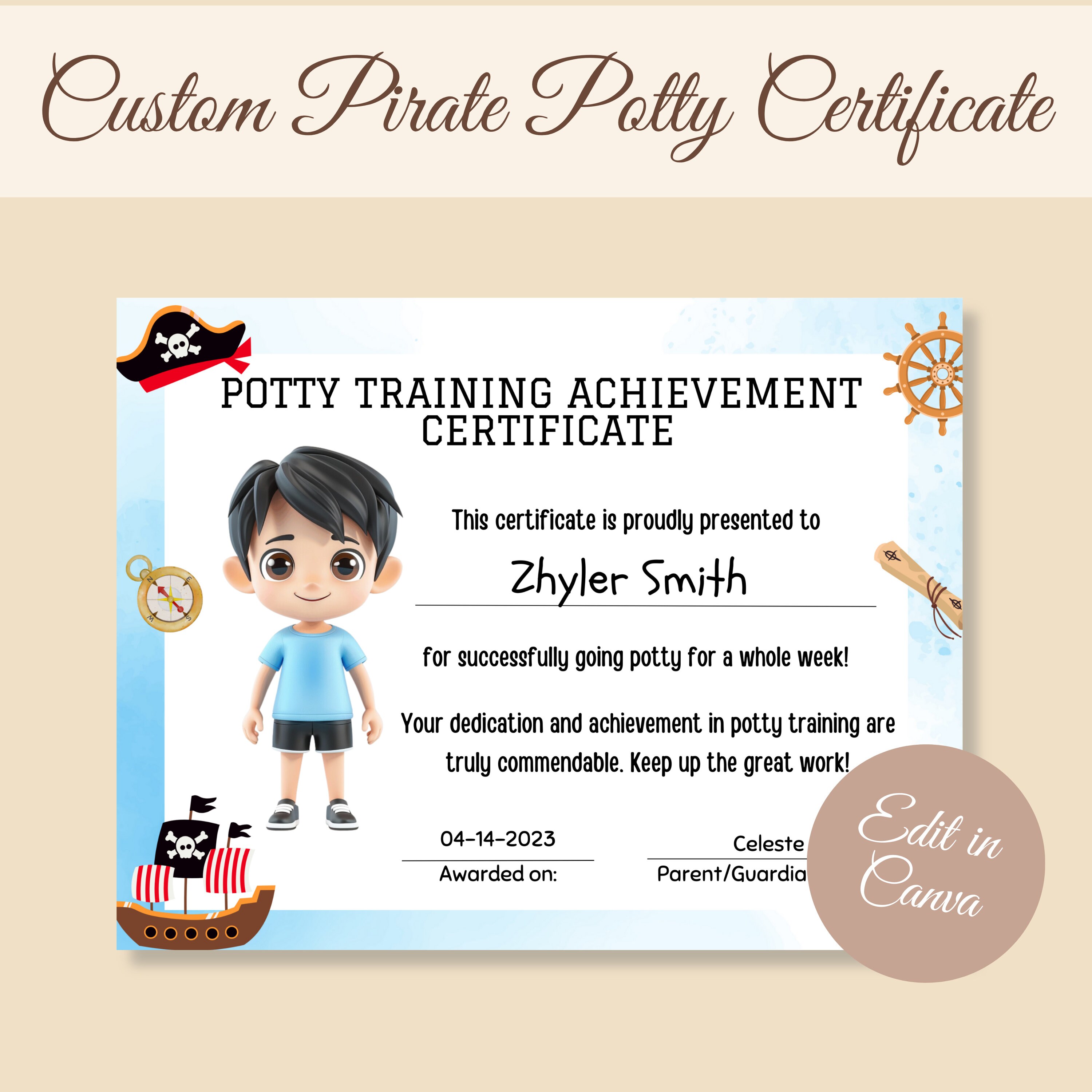 Pirate Potty Training Certificate Customized Template Printable Edit in ...