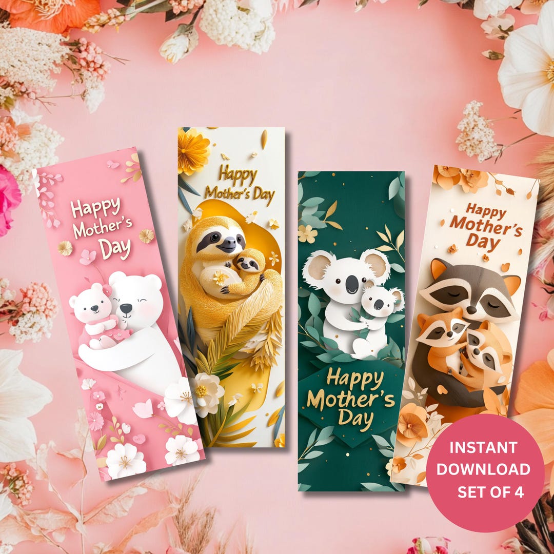 Printable Mothers Day Bookmarks in 3D Effect, Set of 4 Fox, Bear, Sloth ...
