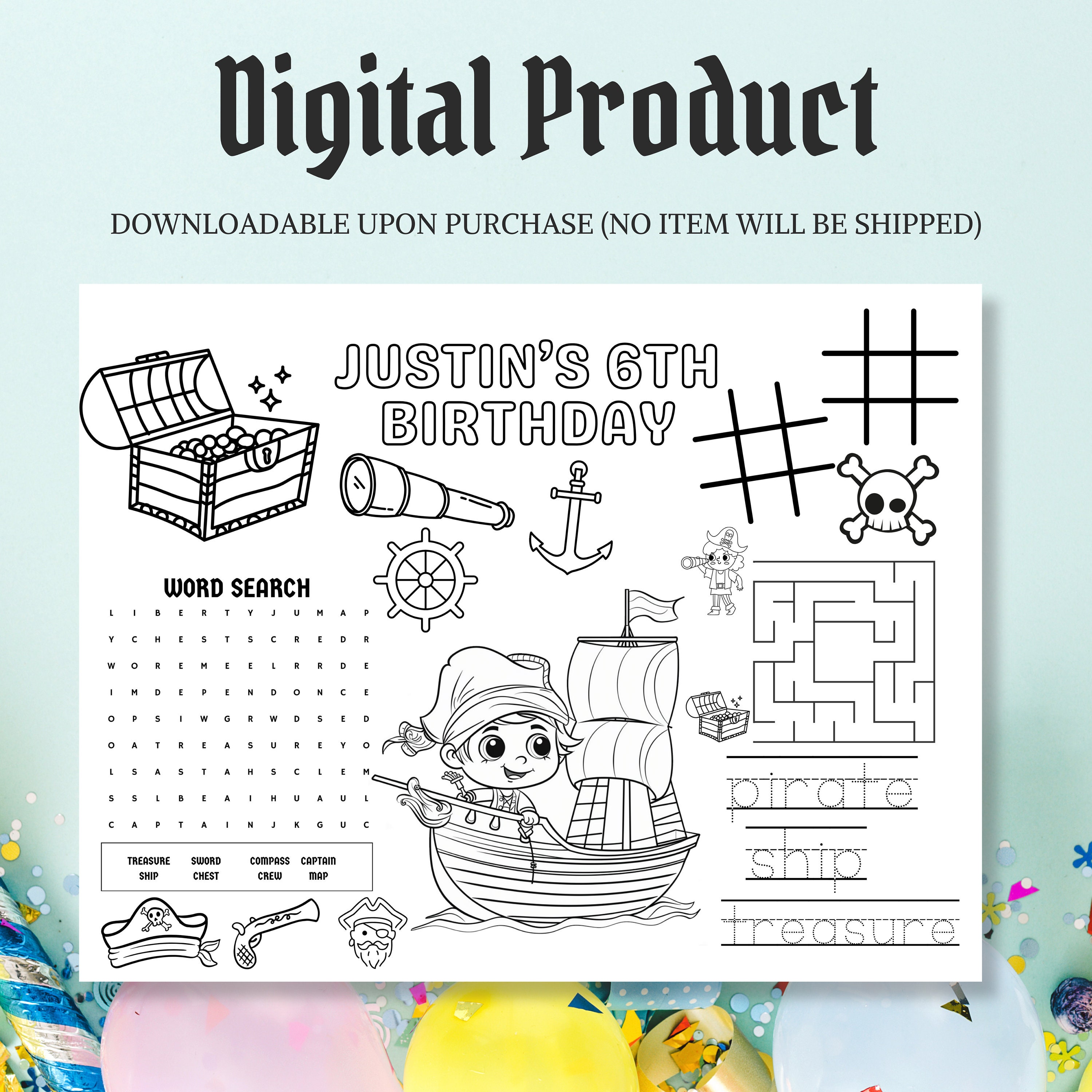 Editable Pirate Birthday Coloring Page Pirate Activity Birthday Favor ...