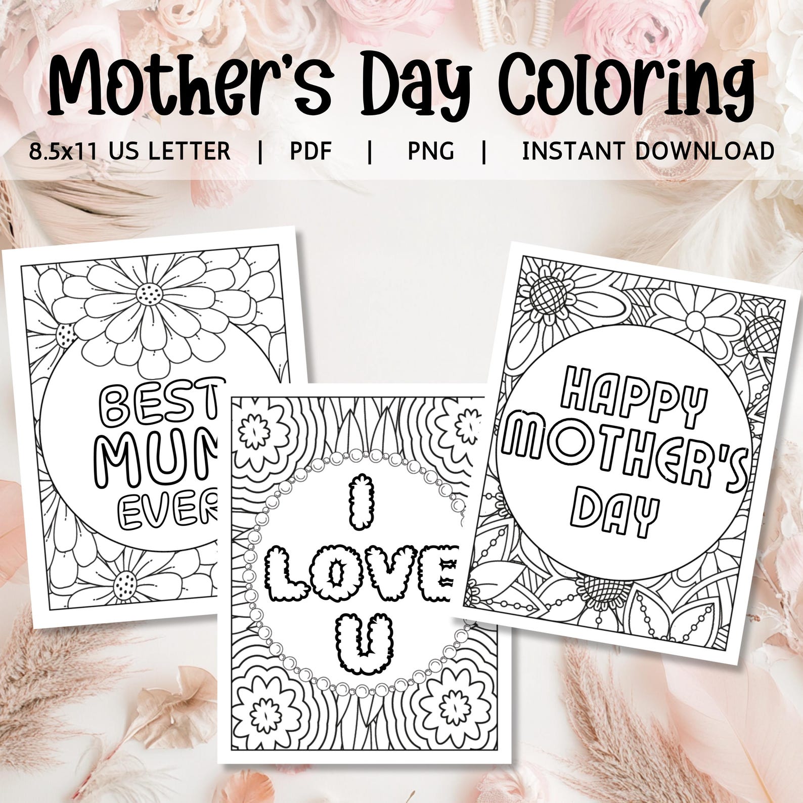 Páginas para colorear del Día de la Madre, set de 3, tarjeta imprimible ...