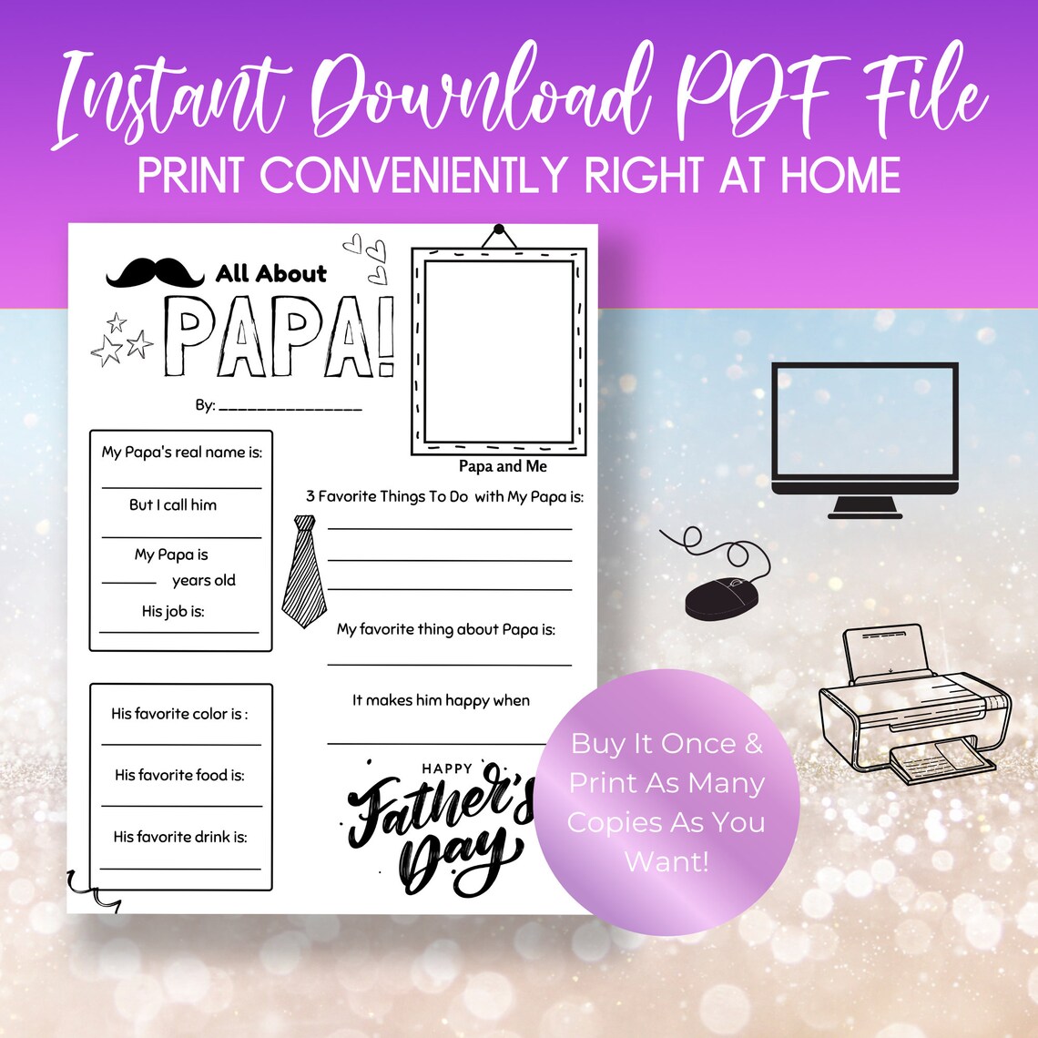 All About Papa Father's Day Printable Worksheet Fathers Day Gift for ...