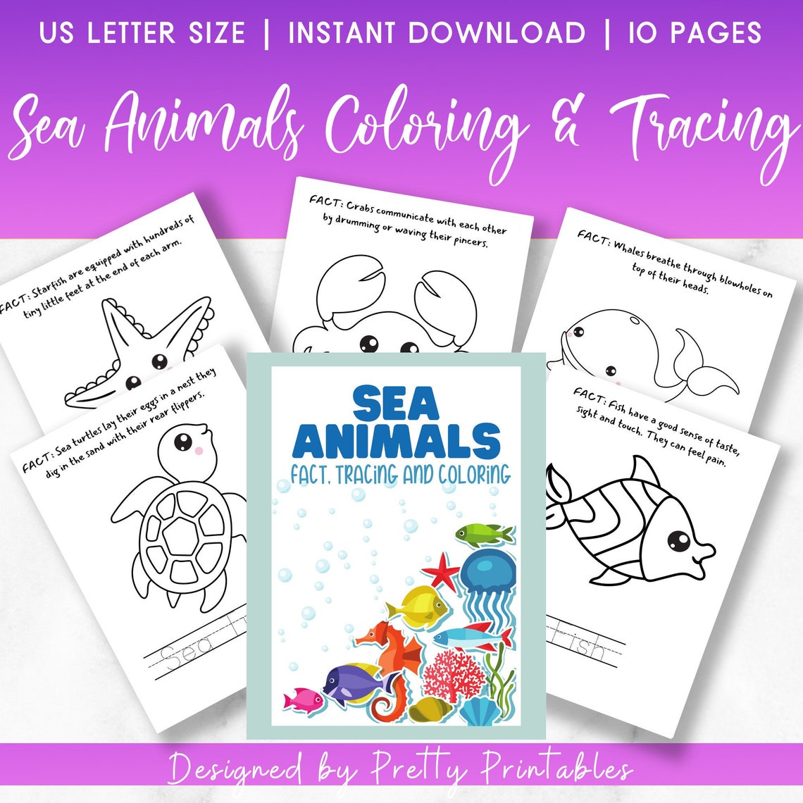 Sea Animals Tracing and Coloring Activity Pages for Kids - Etsy