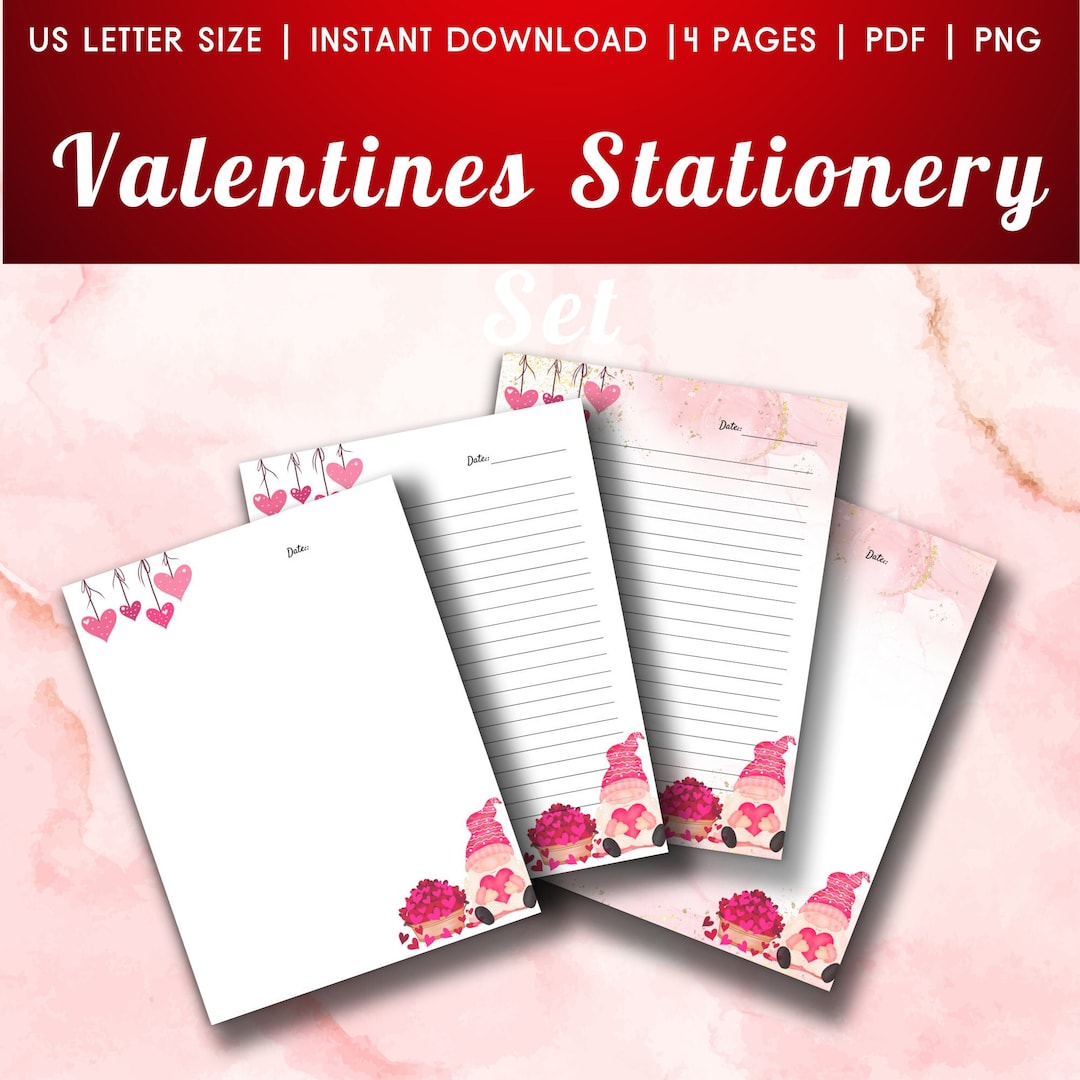 Printable Valentines Day Stationery Set Pink Stationery Gnome ...