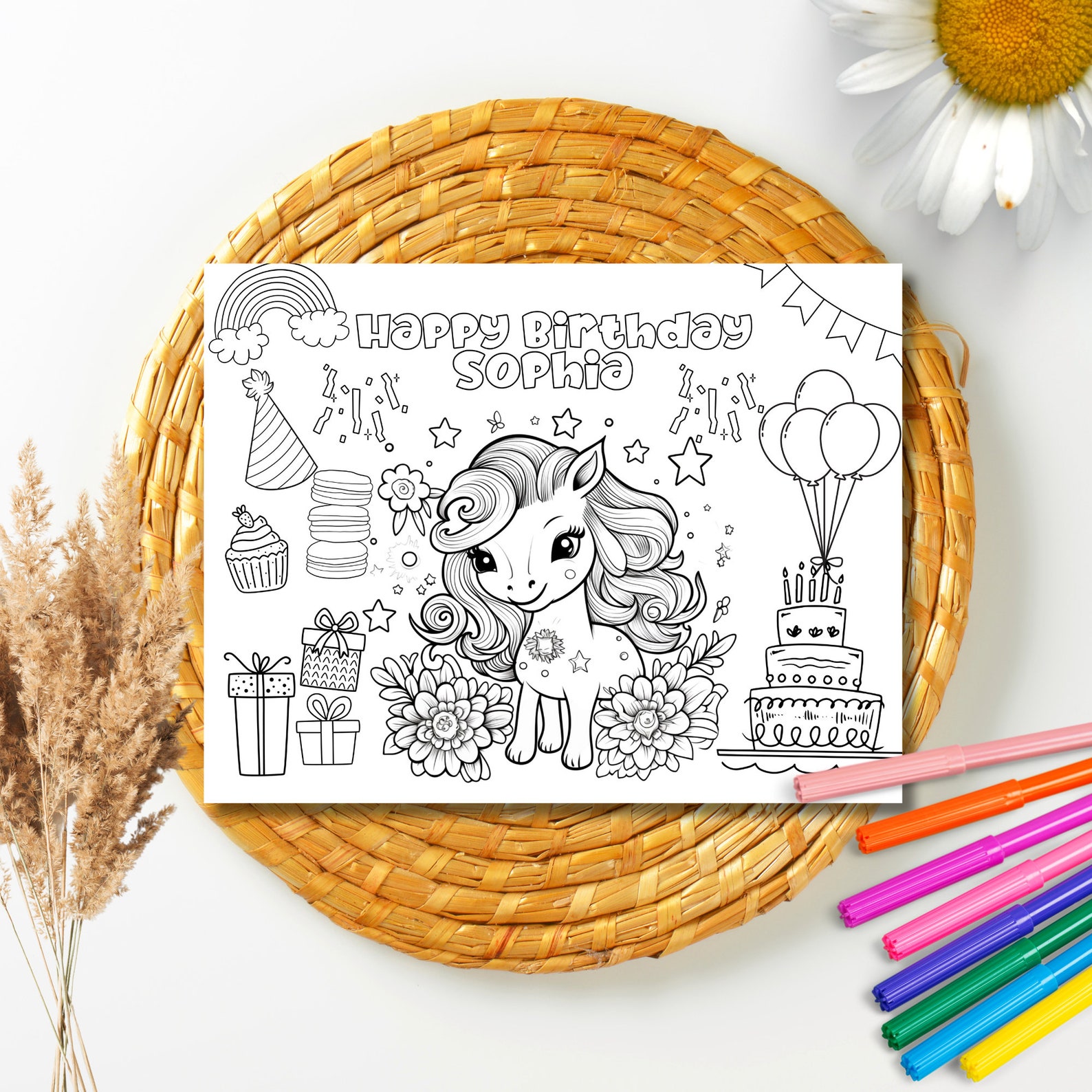 Editable Unicorn Birthday Coloring Unicorn Coloring Pages Unicorn ...