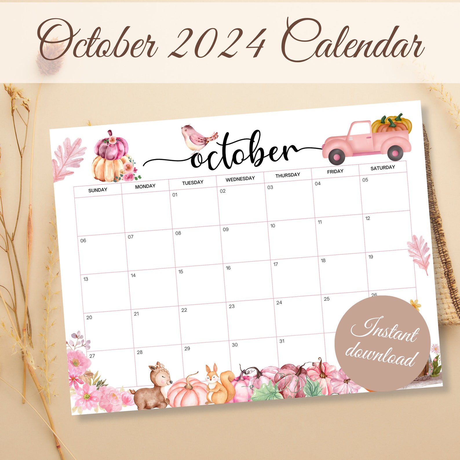 October 2024 Calendar Printable Kids Calendar Fall Wall Calendar ...
