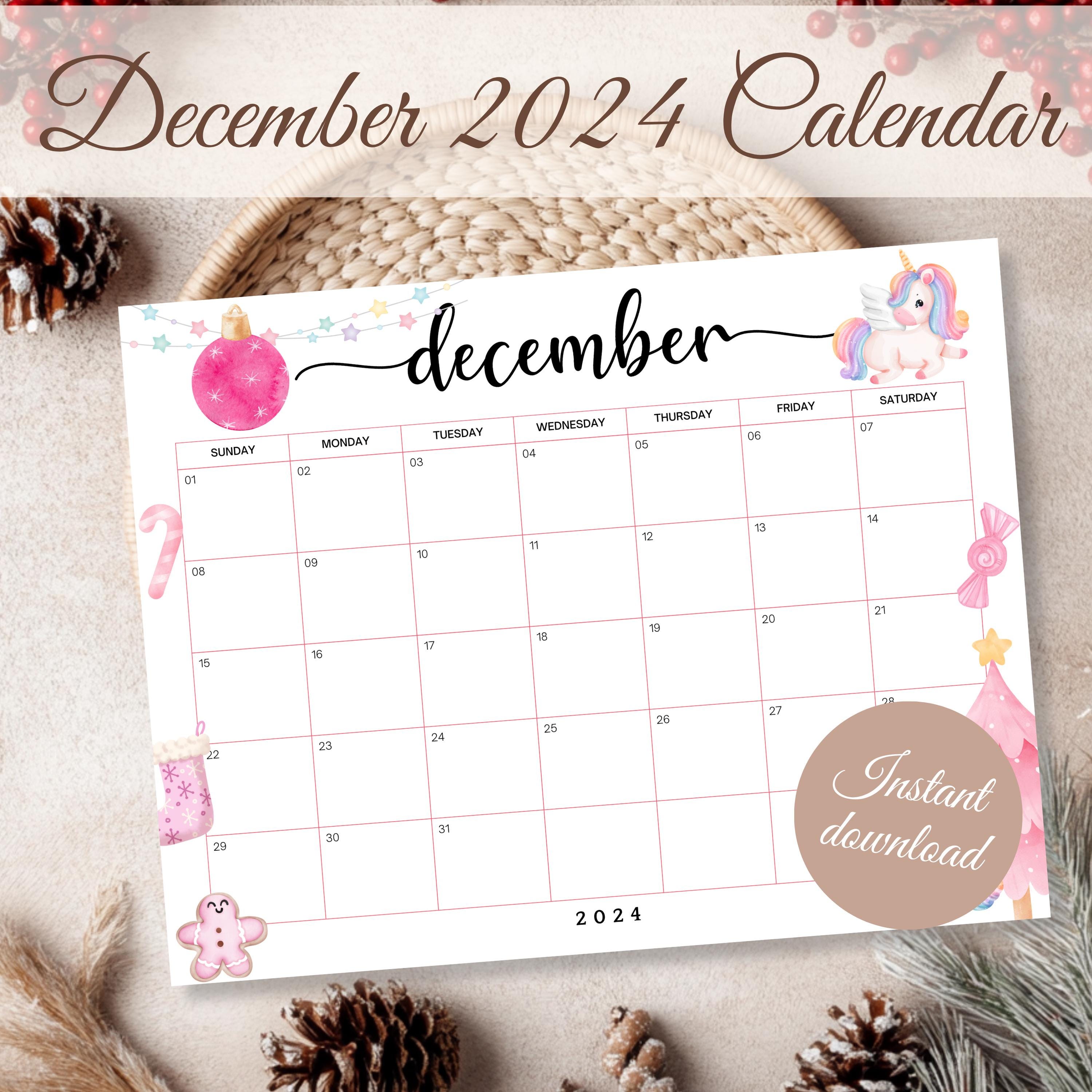 DECEMBER 2024 Calendar Printable Pink Unicorn Calendar Page Classroom ...