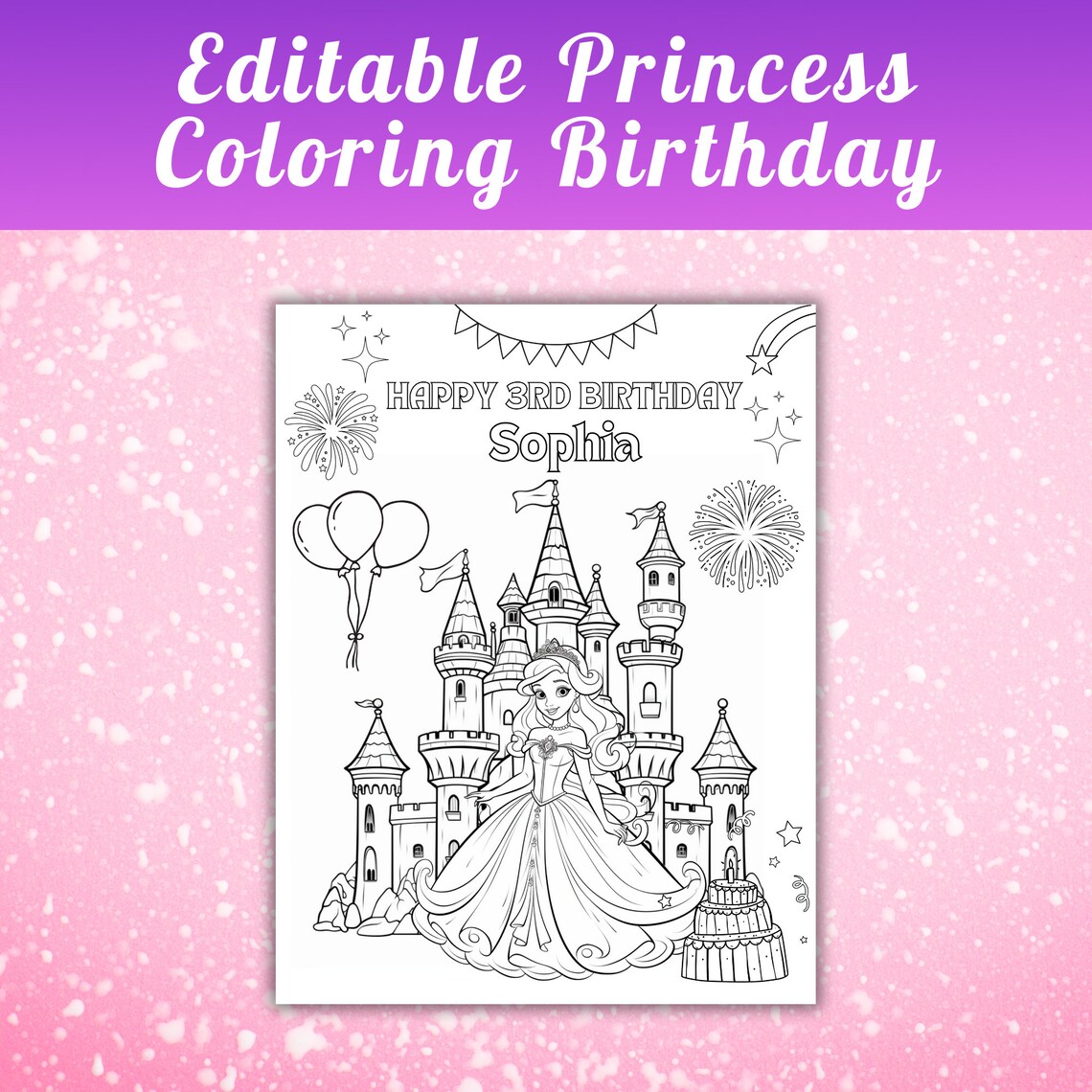 Editable Princess Birthday Coloring Princess Coloring Pages Princess ...