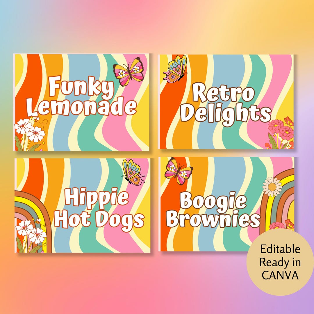 Editable Retro 70s Party Food Label Groovy Blank Food Tent Card Labels ...