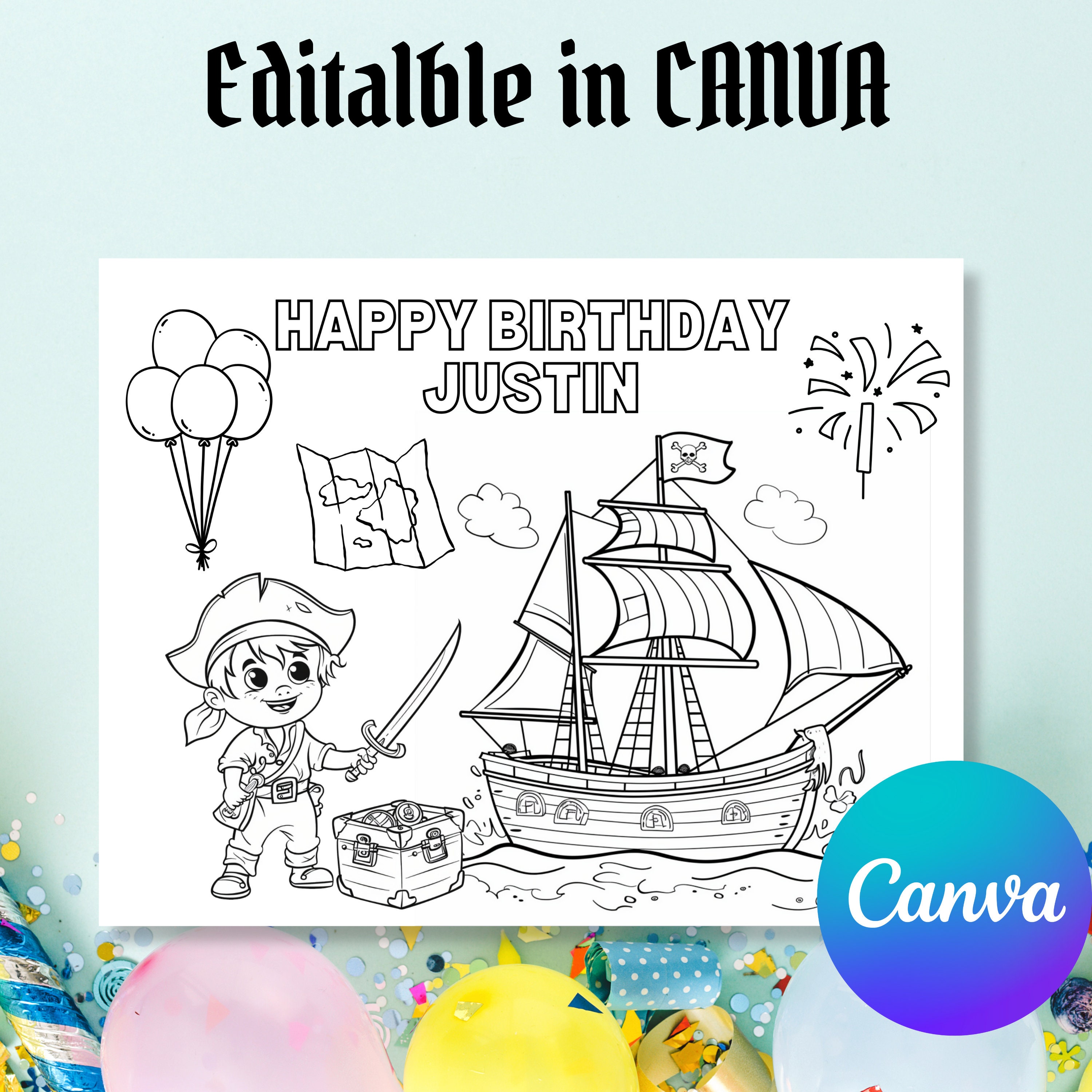 Editable Pirate Birthday Coloring Page Pirate Activity Birthday Favor ...