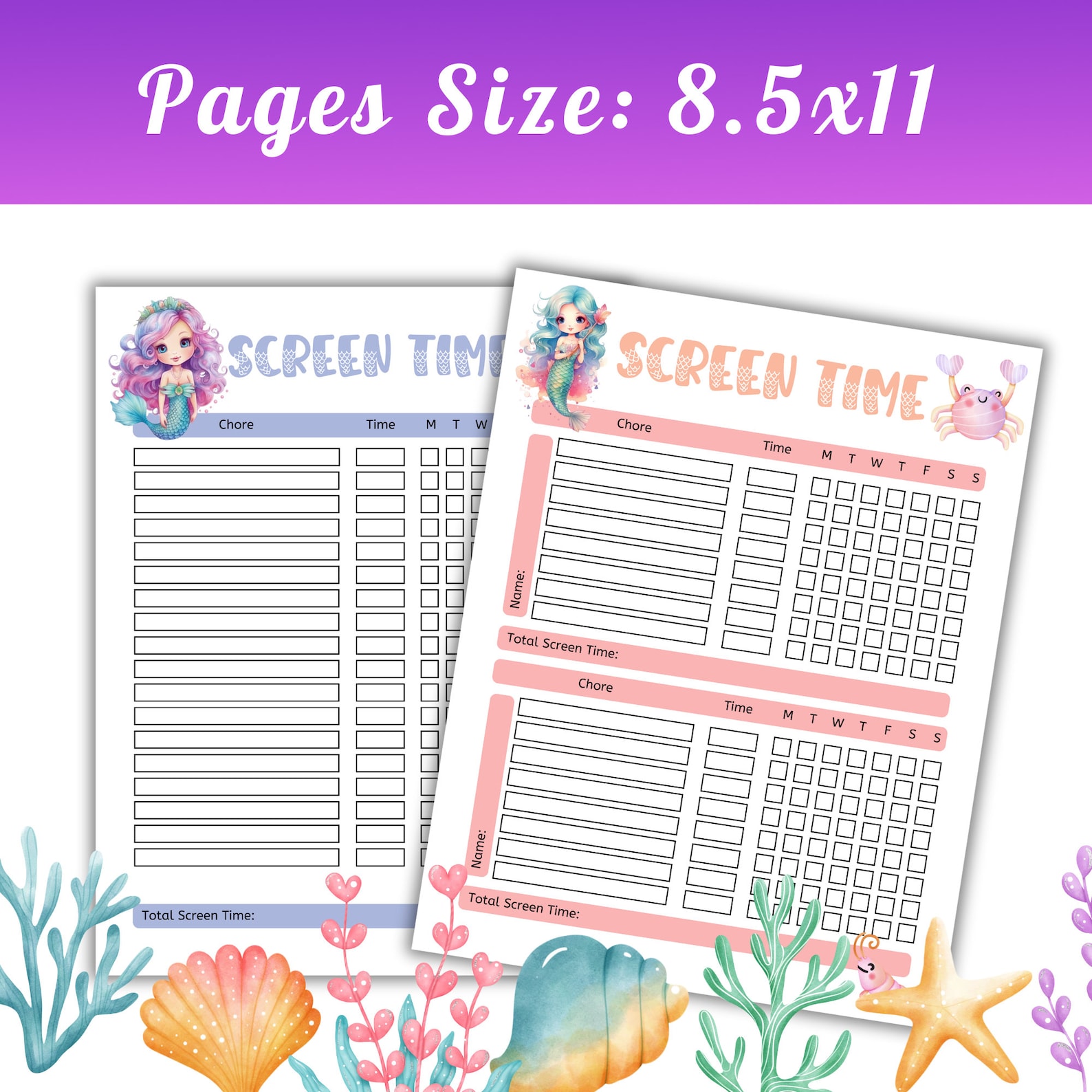 Mermaid Screen Time Chore Chart for Kids Printable Screen Time Tracker ...