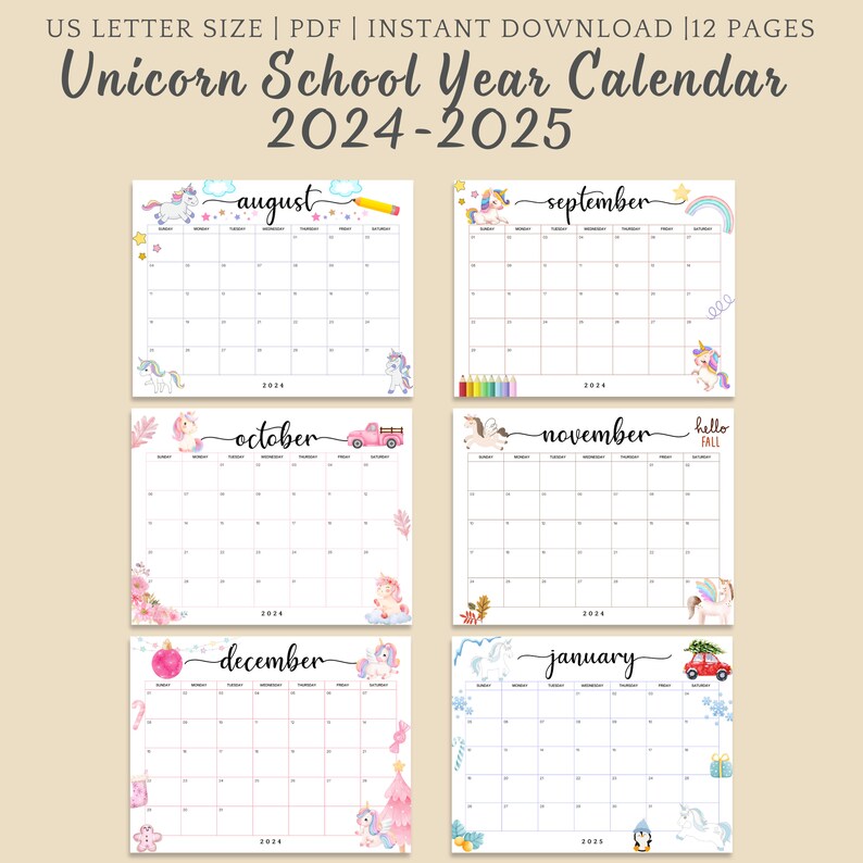 Unicorn 2024-2025 School Year Calendar Seasonal Monthly Theme Cute ...
