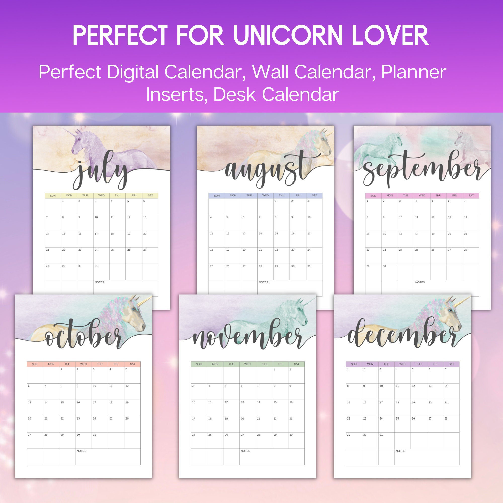 2024 Unicorn Calendar Printable Unicorn Watercolor 2024 - Etsy