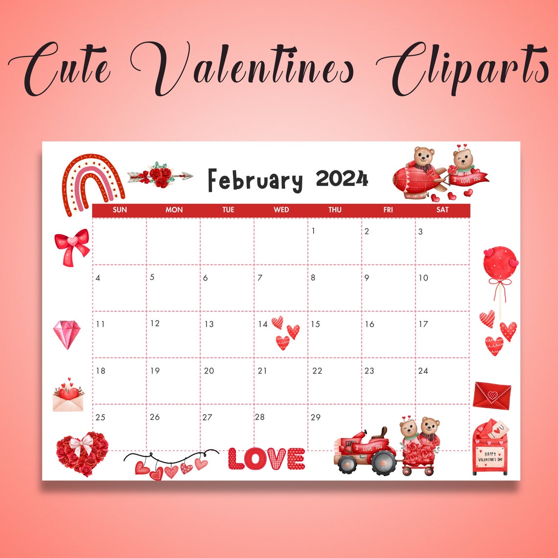 February 2024 Calendar Teddy Bear Printable Kids Calendar 2024 Wall ...
