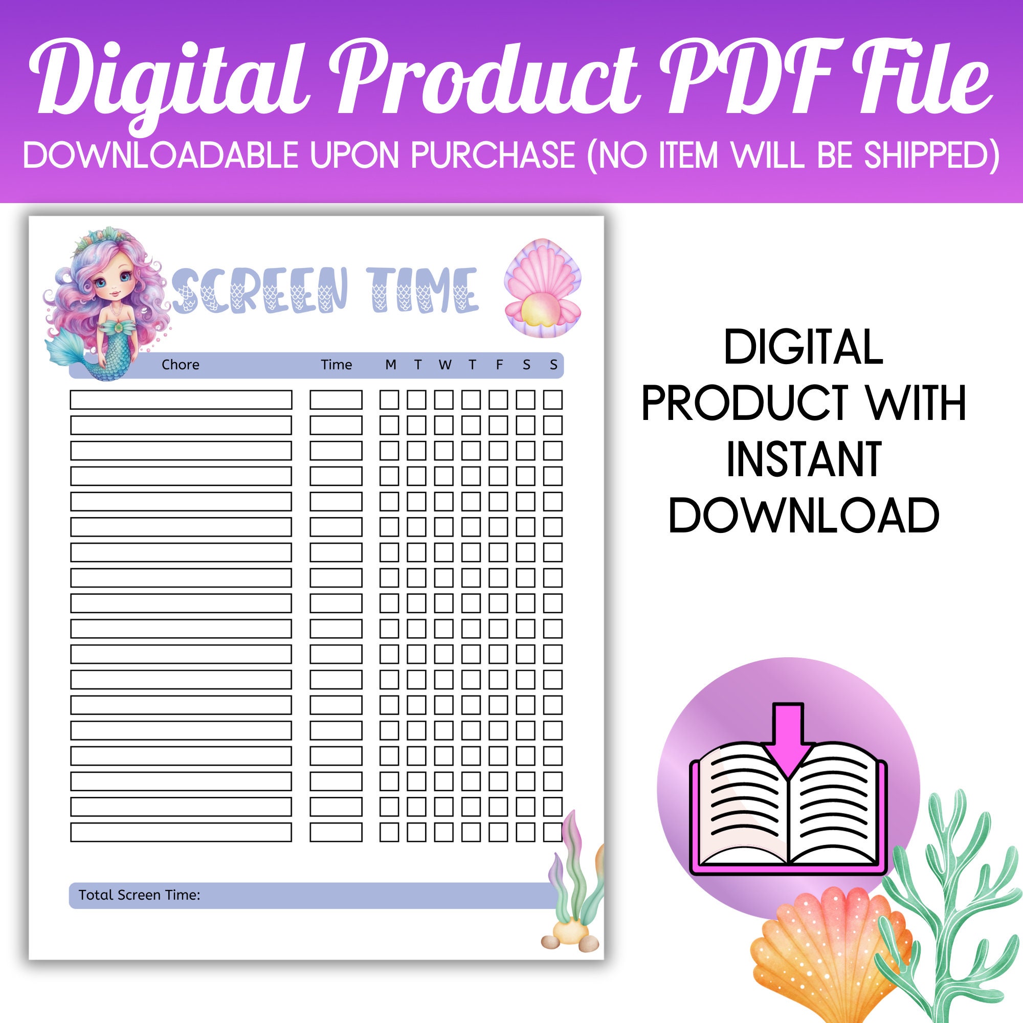 Mermaid Screen Time Chore Chart for Kids Printable Screen Time Tracker ...