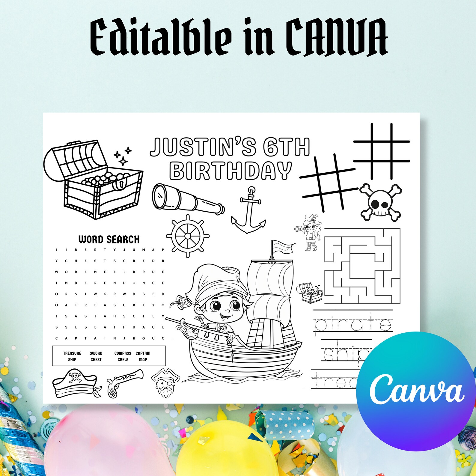 Editable Pirate Birthday Coloring Page Pirate Activity Birthday Favor ...