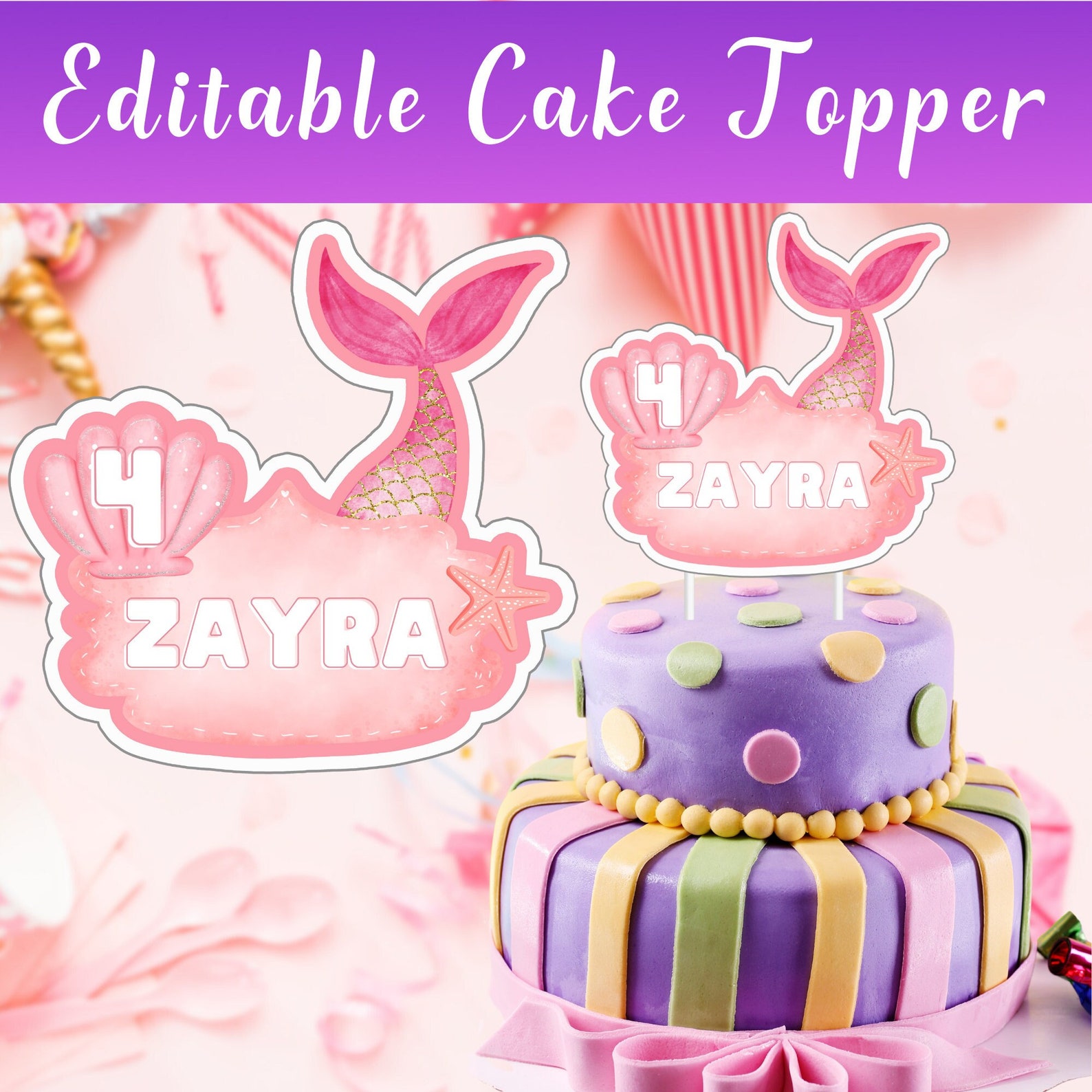 Editable Mermaid Cake Topper Printable, Mermaid Cake Topper With Name ...