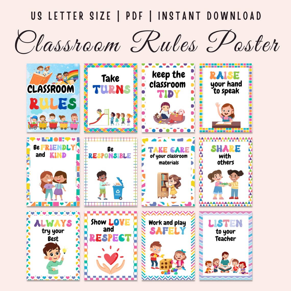 Classroom Rules Poster Set of 12 Class Expectations Elementary ...