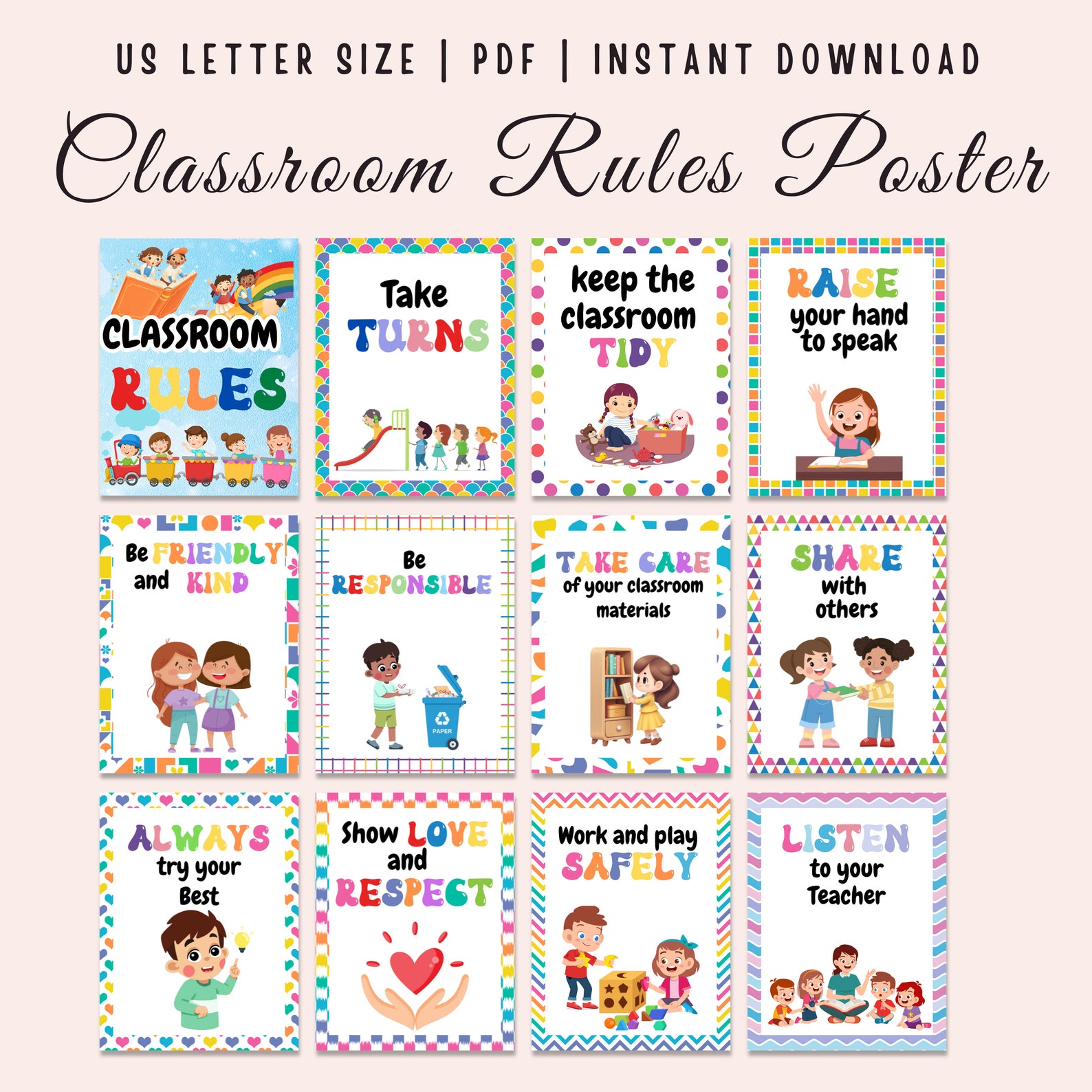Classroom Rules Poster Set of 12 Class Expectations Elementary ...