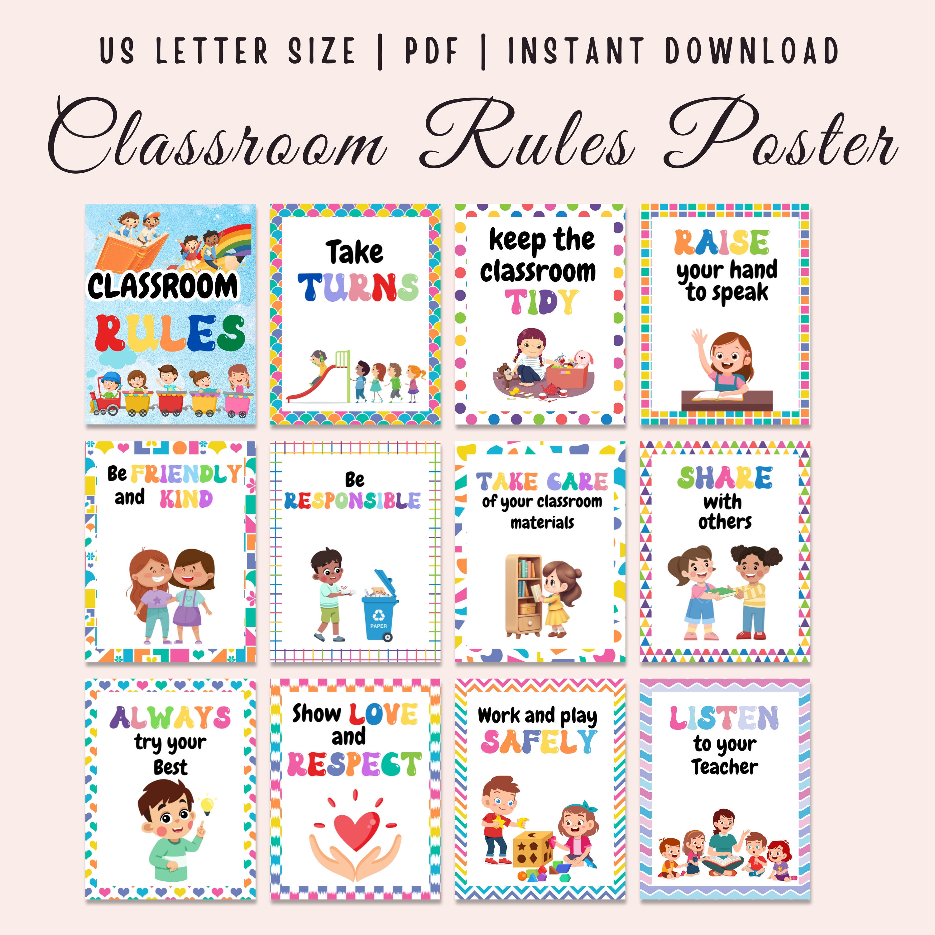 Classroom Rules Poster Set of 12 Class Expectations Elementary ...
