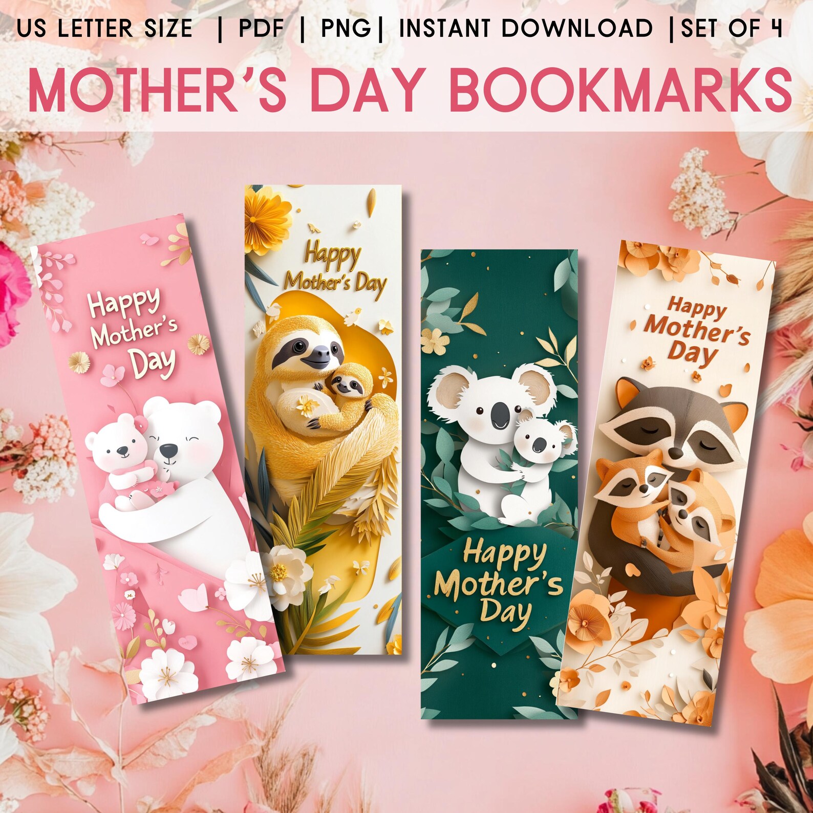 Printable Mothers Day Bookmarks in 3D Effect, Set of 4 Fox, Bear, Sloth ...