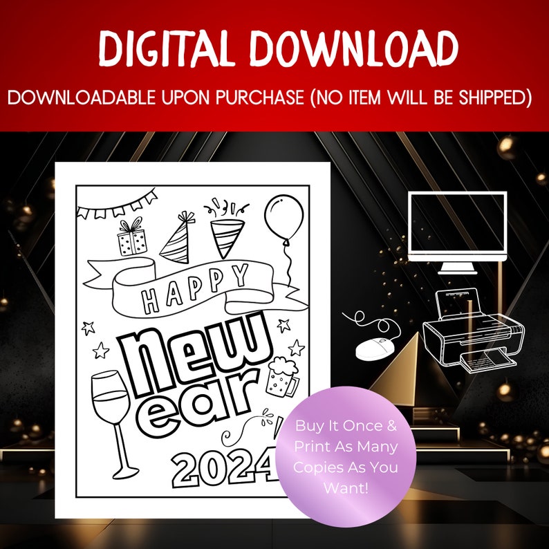 2024 Happy New Year Coloring Page for Kids Holiday Activity - Etsy