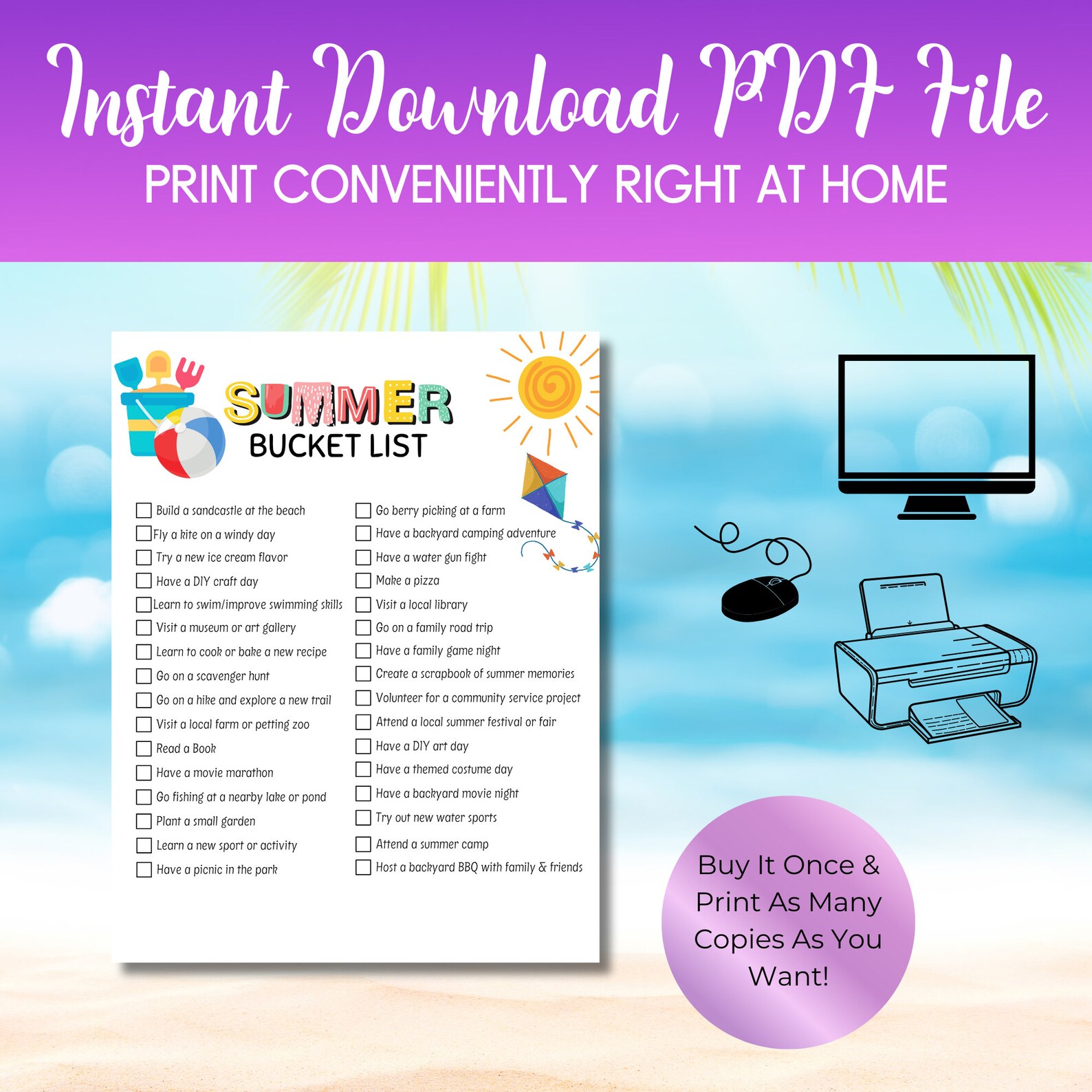 Summer Bucket List Printable Summer Bucket List Blank Summer Bucket ...