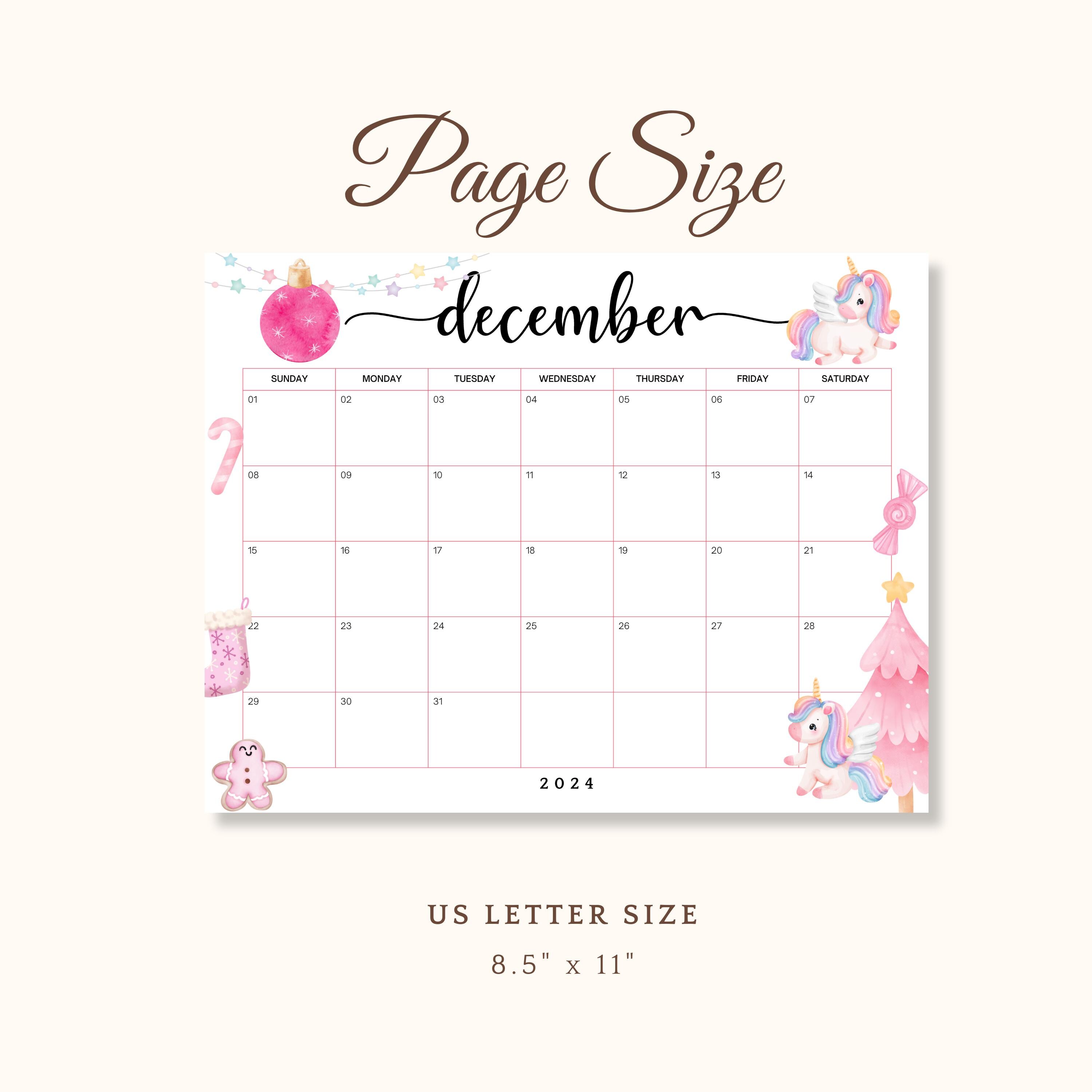 DECEMBER 2024 Calendar Printable Pink Unicorn Calendar Page Classroom ...