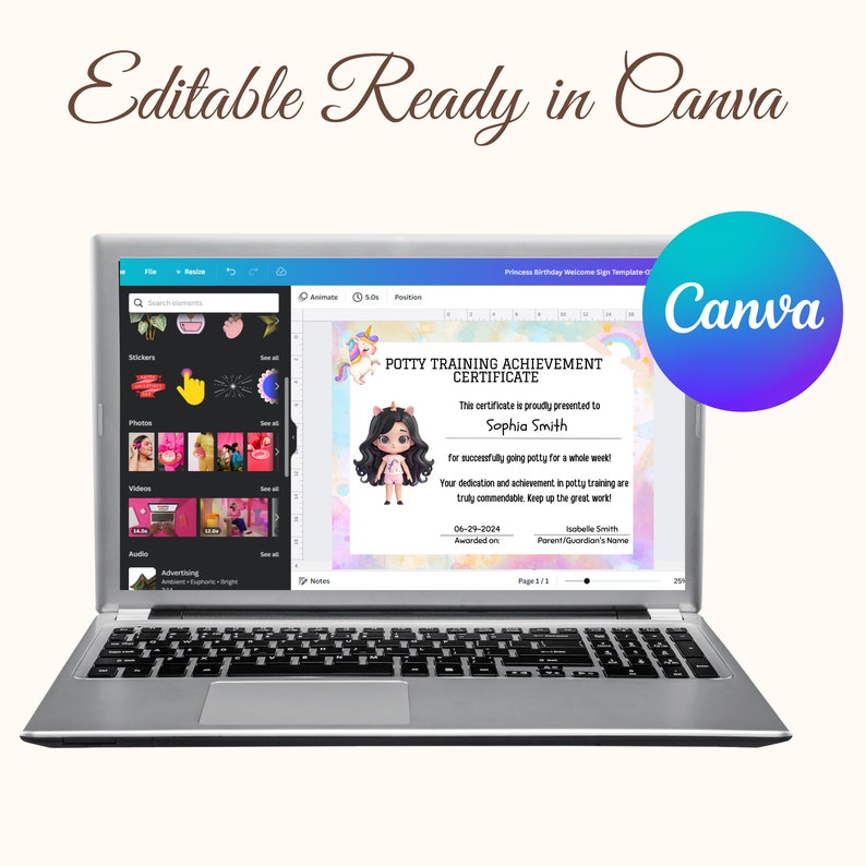 Unicorn Potty Training Certificate Customized Template Printable Edit ...