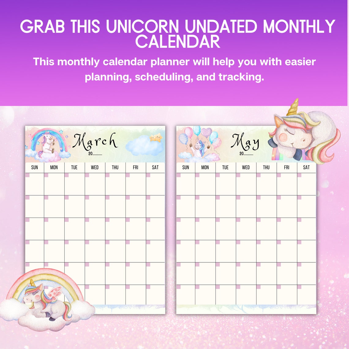 Unicorn Monthly Planner Printable Undated Monthly Calendar - Etsy