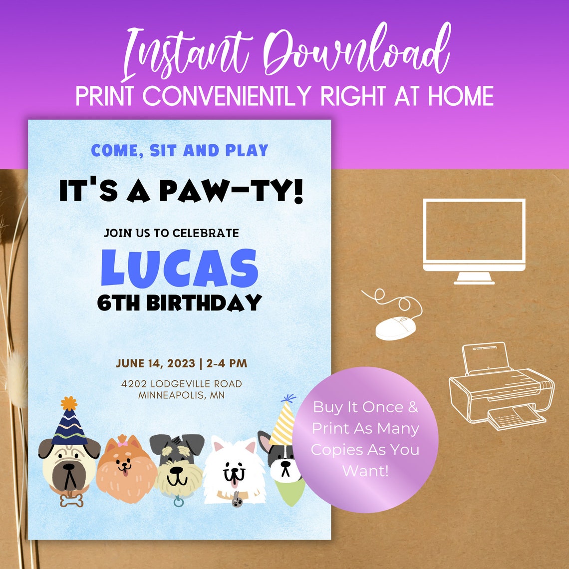 Editable Dog Pawty Invite Birthday Invitation Lets Pawty Birthday Let's ...
