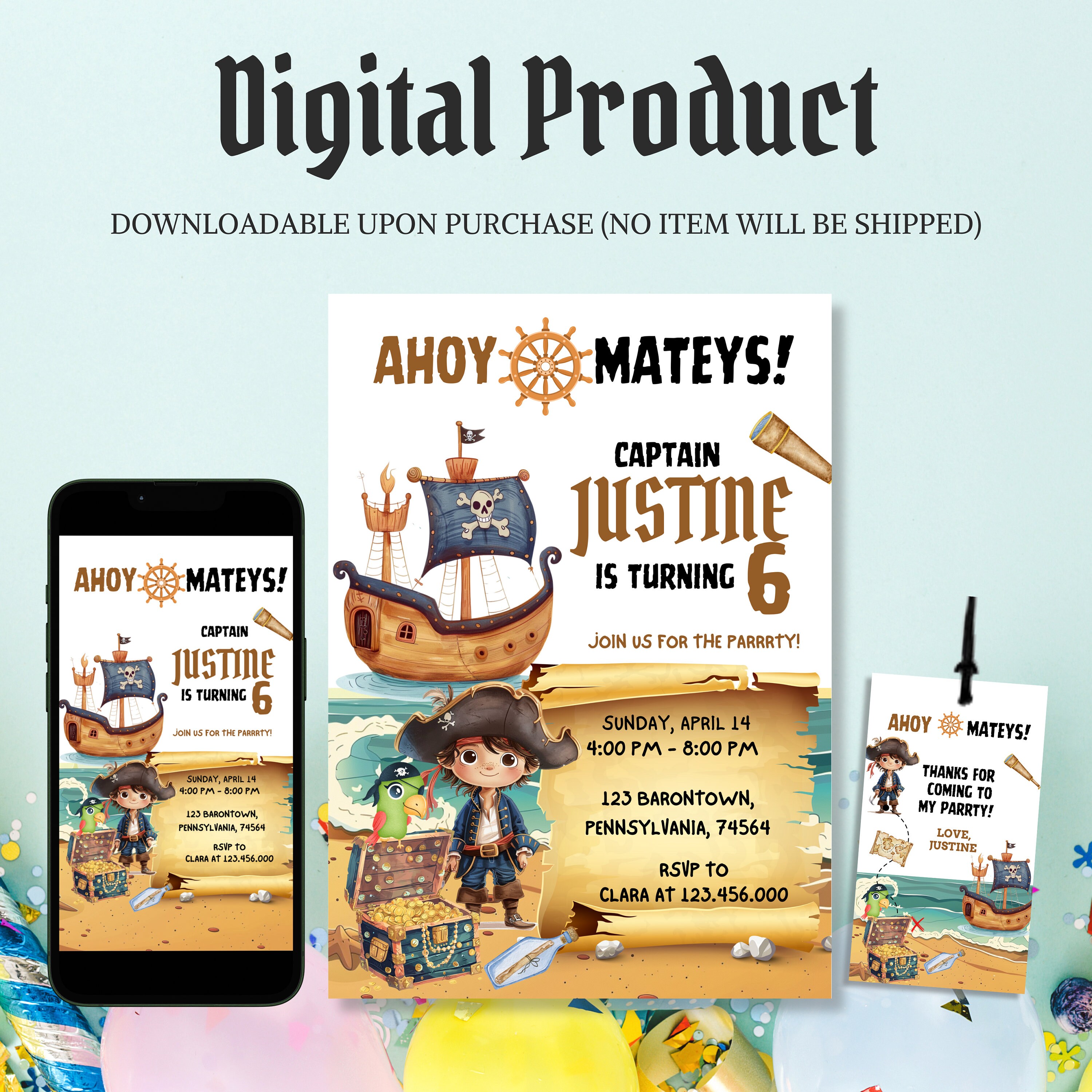 Editable Pirate Birthday Invitation & Printable Pirate Thank You Tag ...