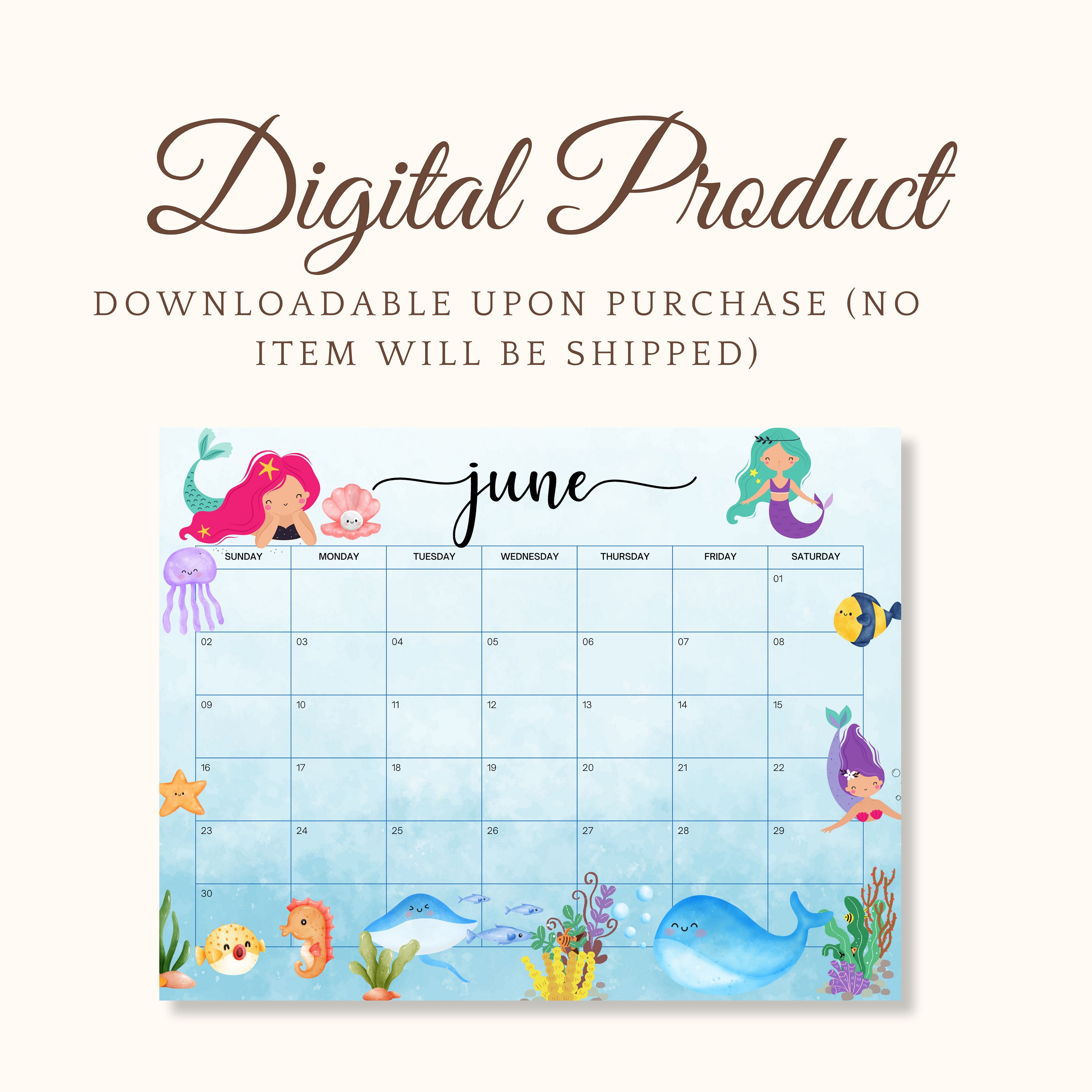 June 2024 Calendar Printable Kids Mermaid 2024 Calendar School June ...