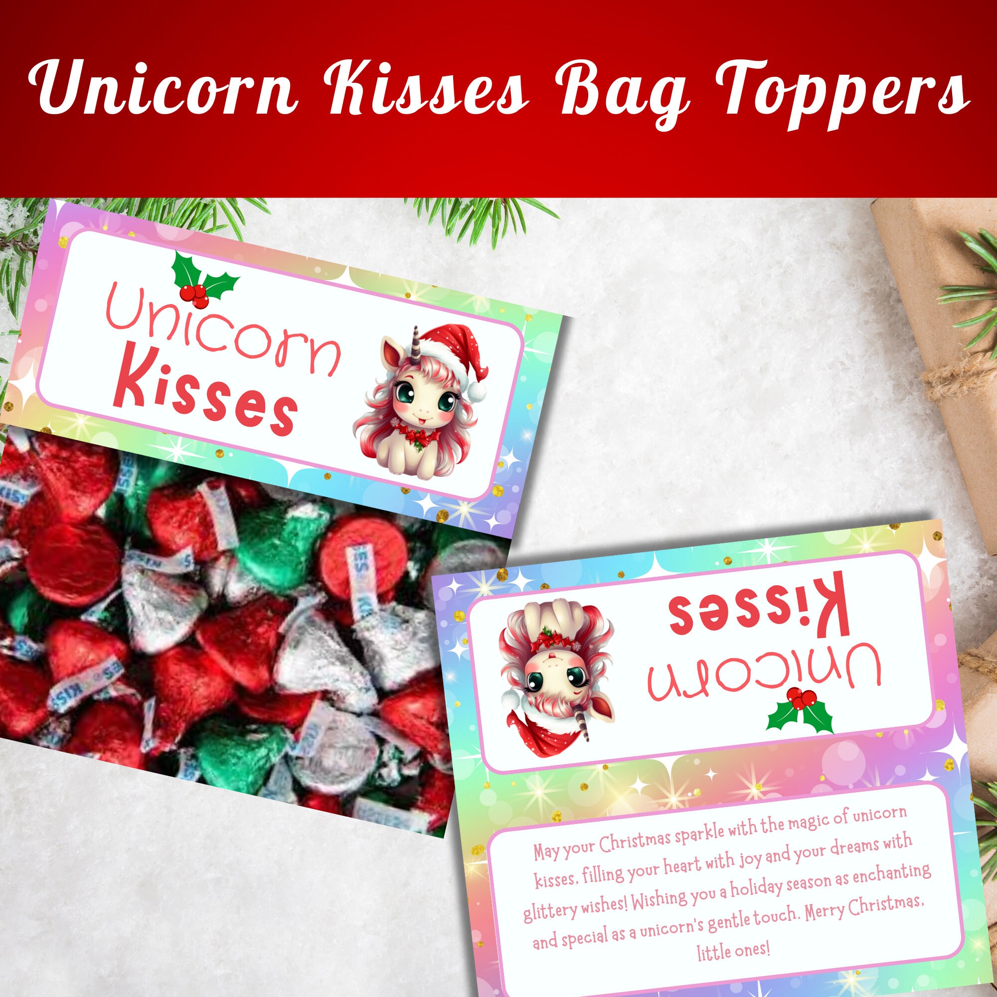 Unicorn Kisses Treat Bag Christmas Toppers Printable Christmas Gift ...