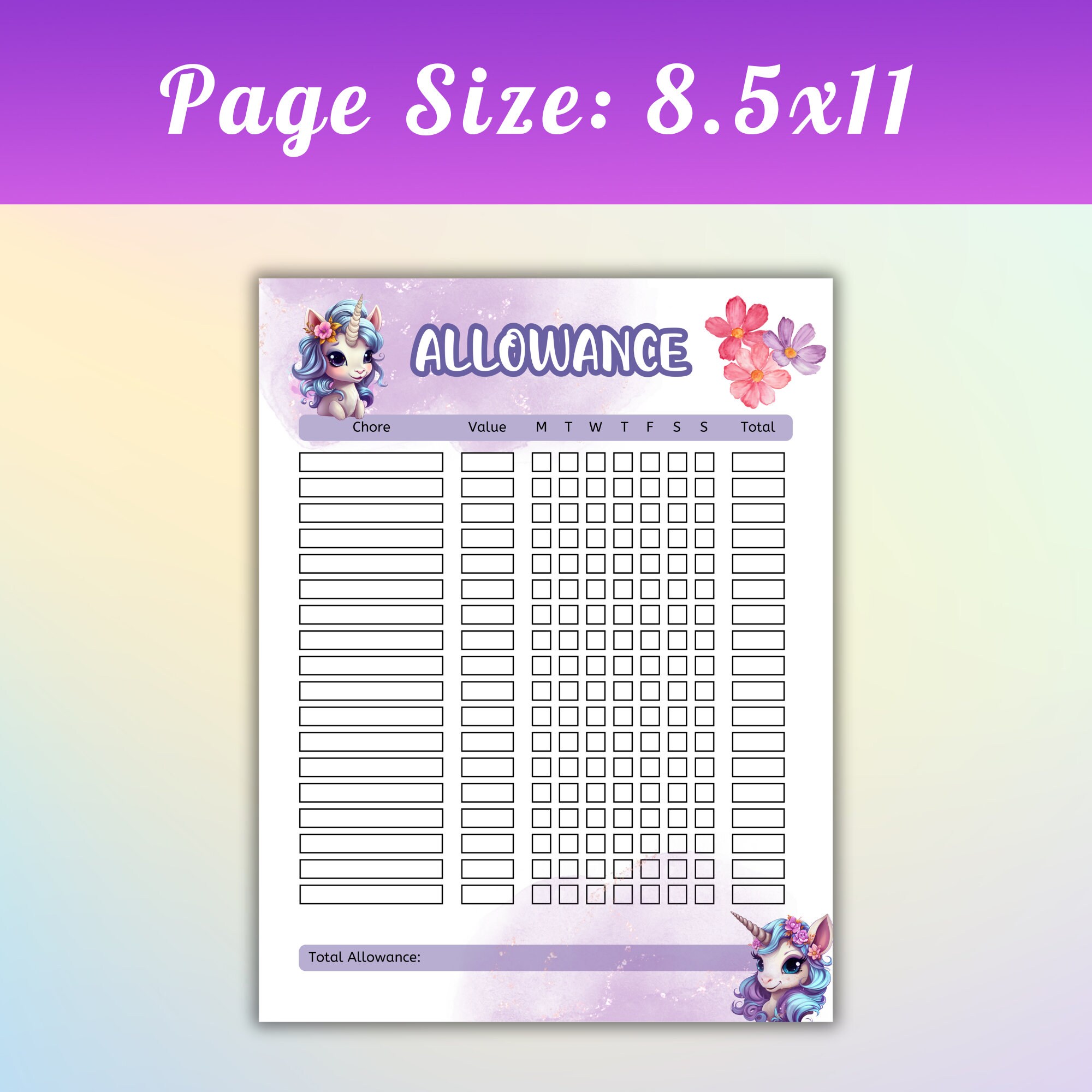 Unicorn Allowance Chore Chart Printable Allowance Tracker for - Etsy