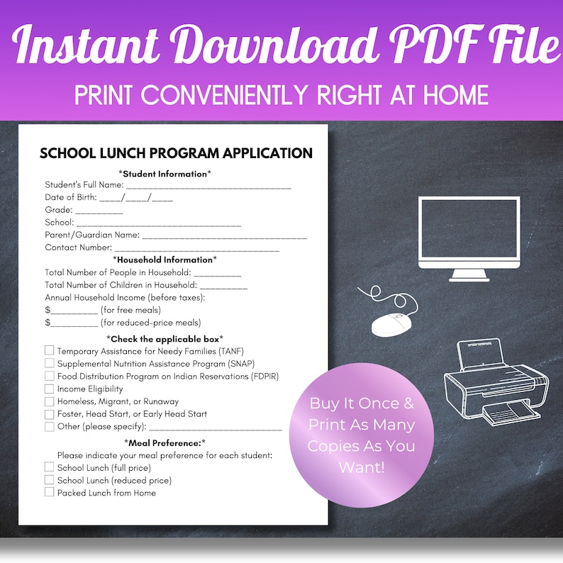 Printable School Lunch Program Application Form Instant Download - Etsy