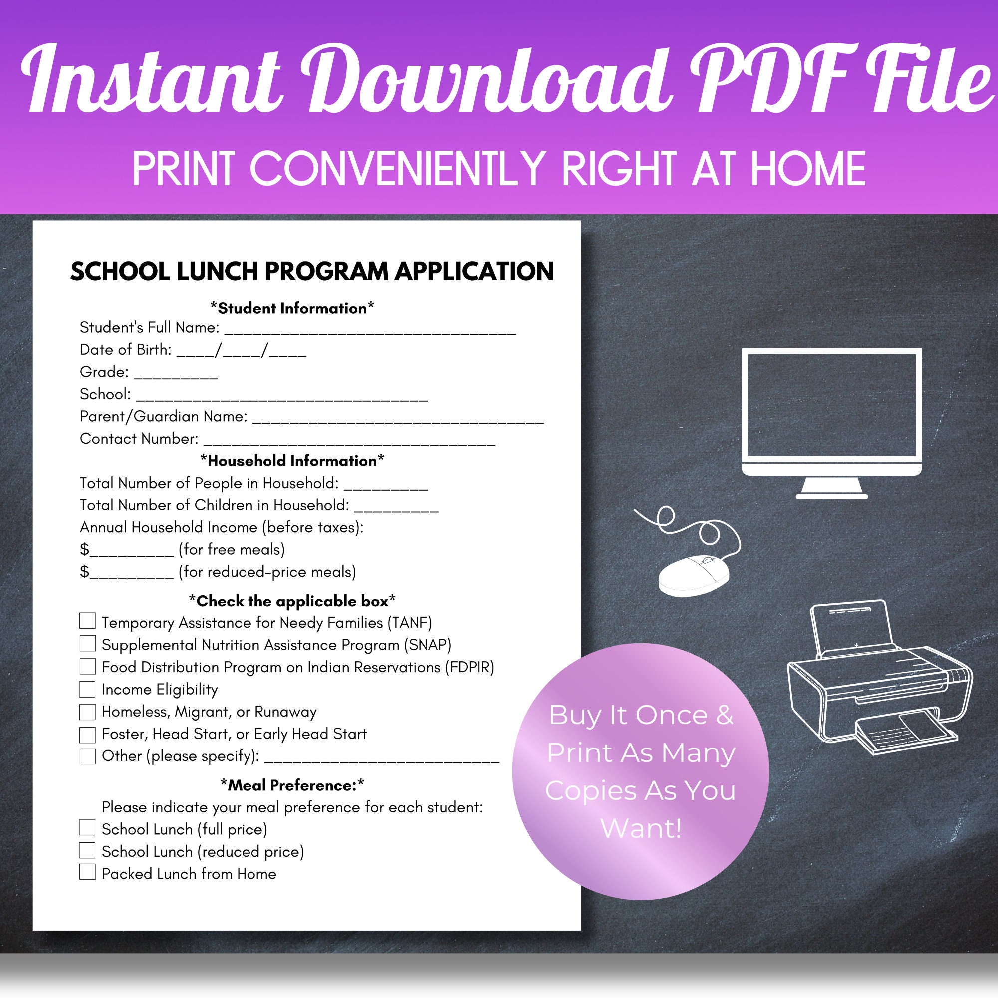 Printable School Lunch Program Application Form Instant Download - Etsy