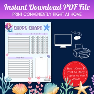 Mermaid Printable Chore Chart for Kids Checklist Routine Chart Kids ...