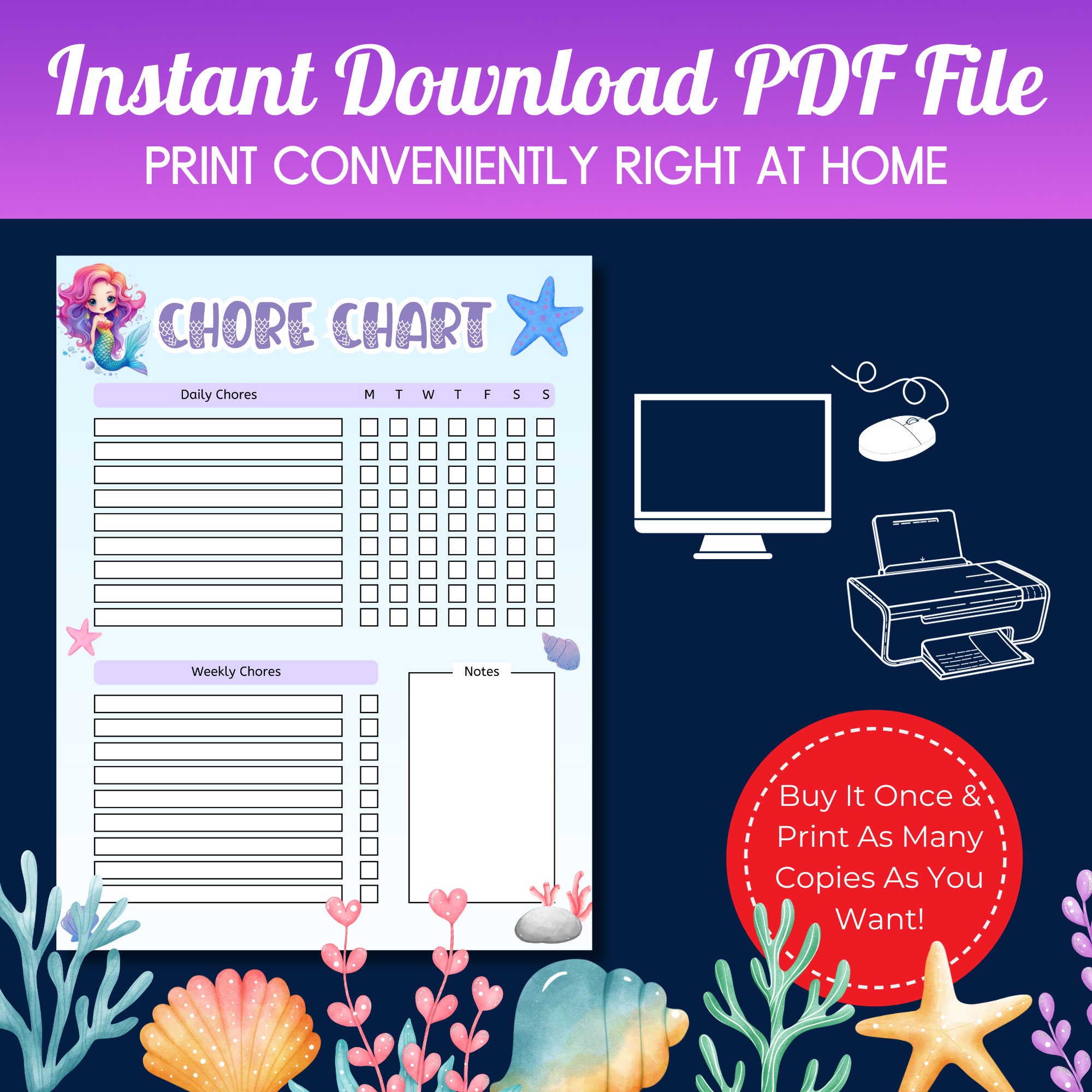 Mermaid Printable Chore Chart for Kids Checklist Routine Chart - Etsy