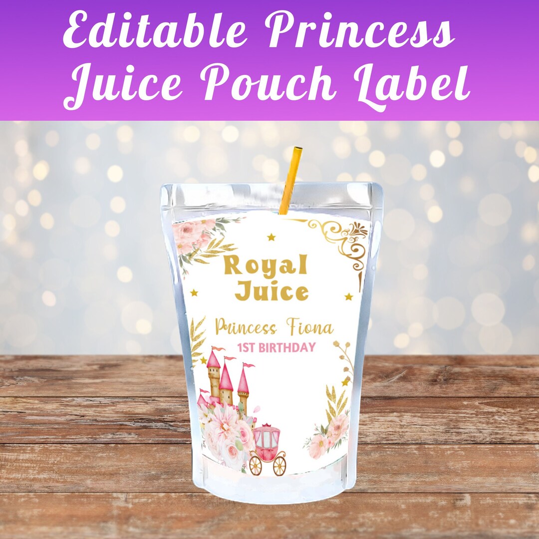 Editable Princess Juice Pouch Labels Template Pink Gold Royal Birthday ...