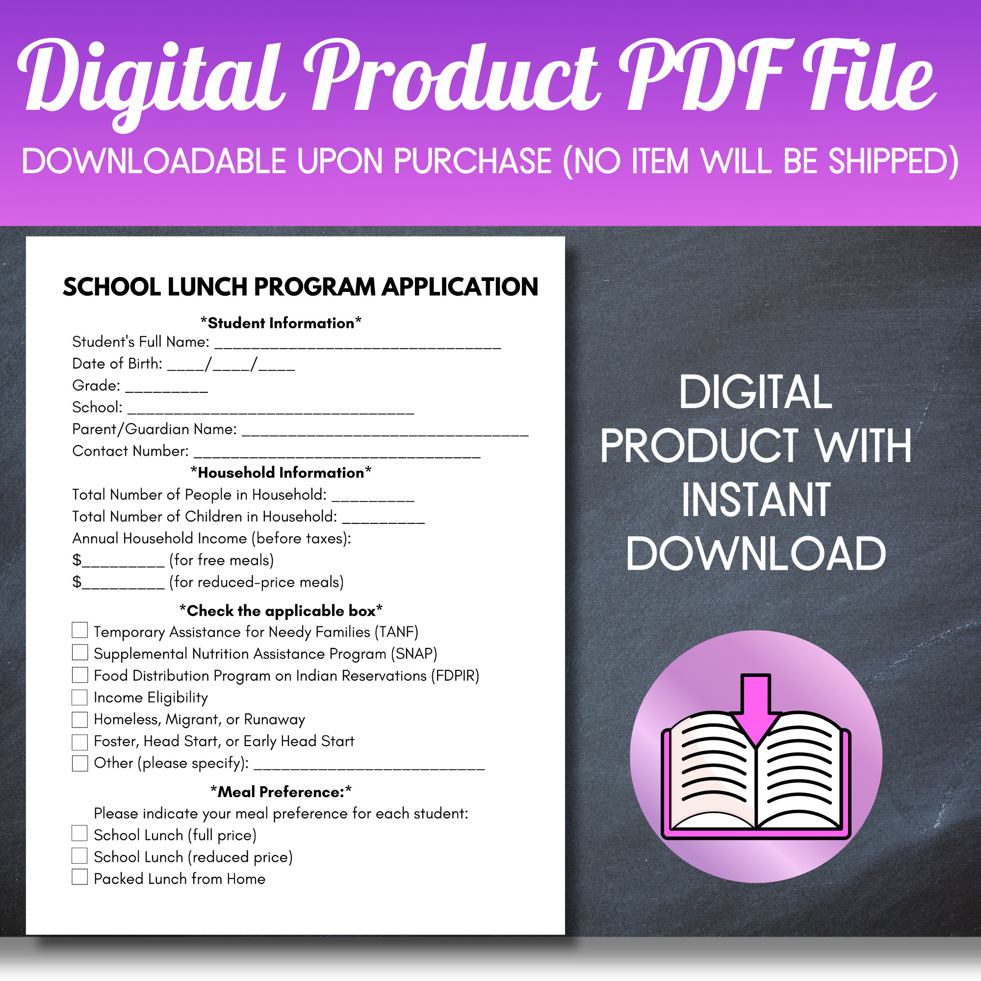 Printable School Lunch Program Application Form Instant Download - Etsy