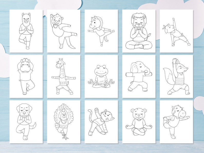 Animals Coloring Pages for Kids Printable Animals Doing Yoga Bundle 30 ...