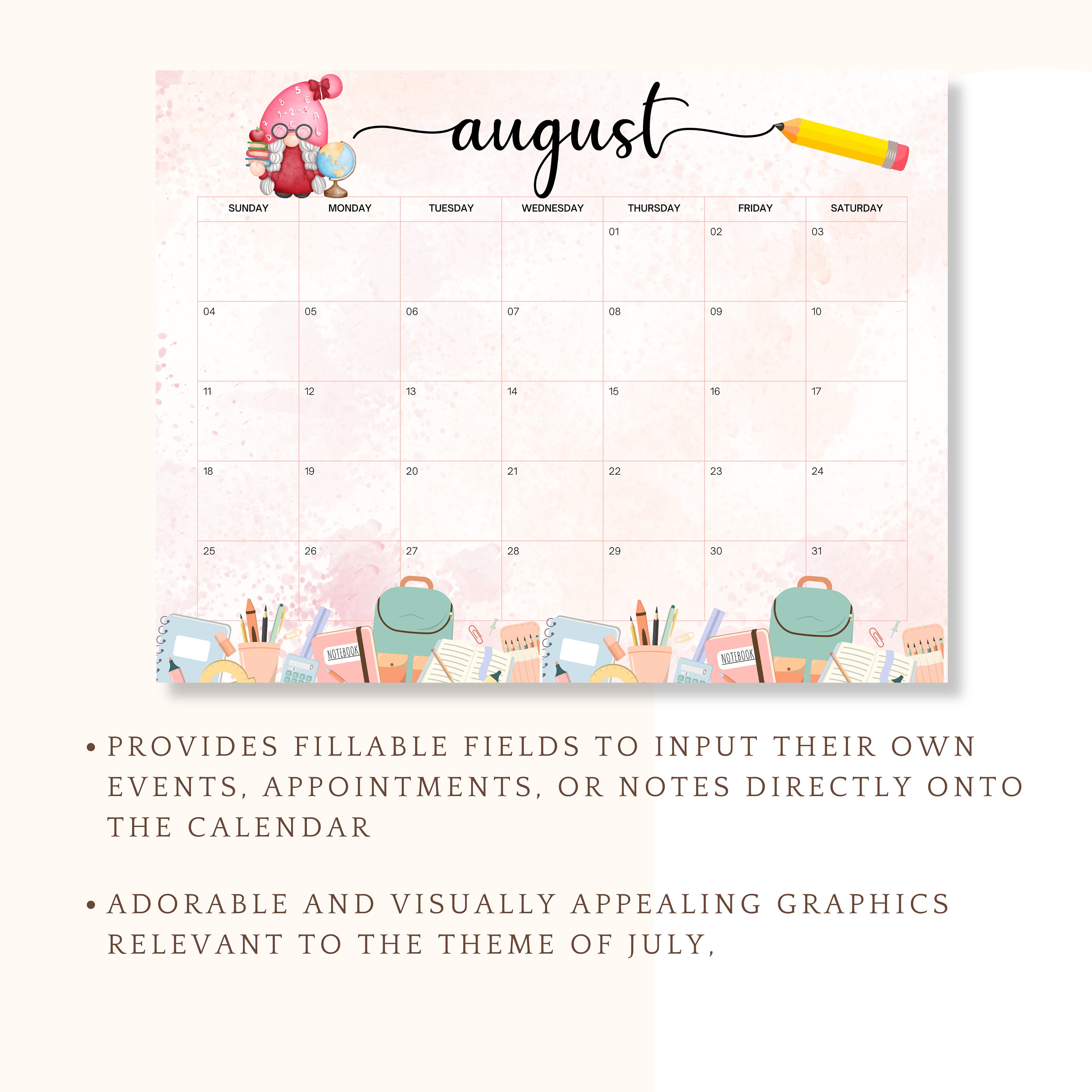 August 2024 Calendar Printable Kids Calendar 2024 Fillable Calendar ...