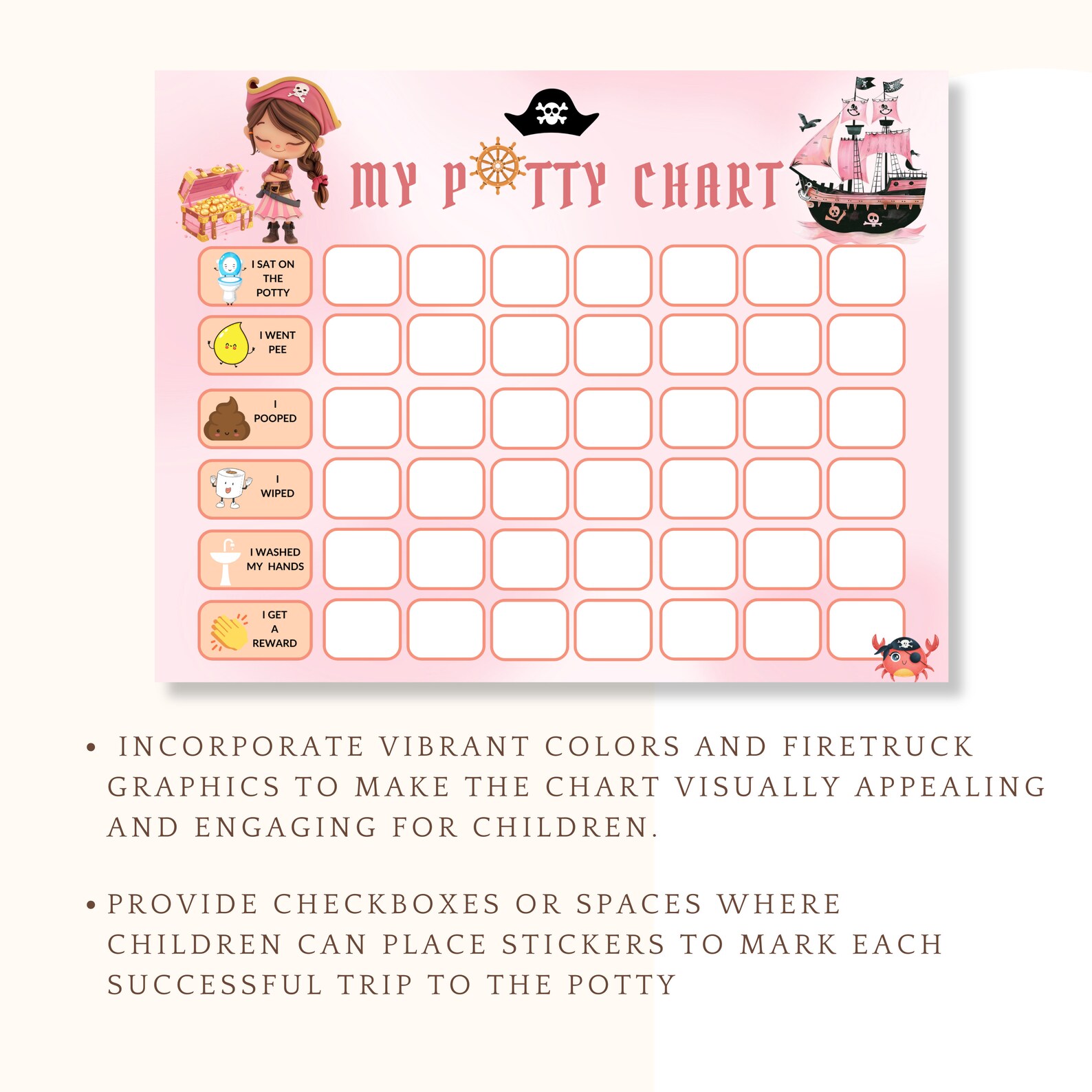 Pirate Potty Chart for Girls Pink Toilet Training Chart Kids Potty ...