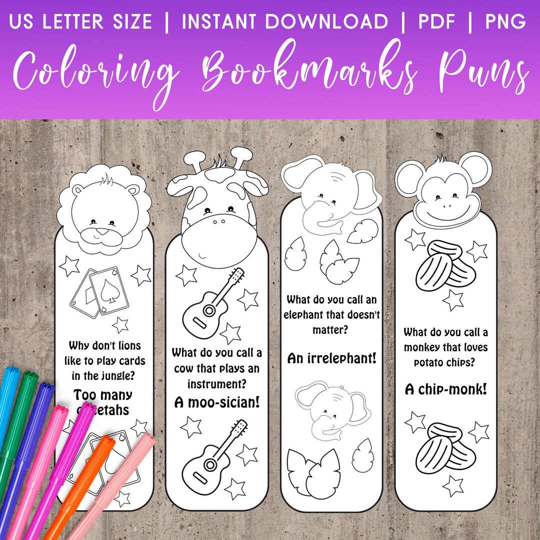 Animal Puns Coloring Bookmarks Printable Coloring Bookmarks for Kids ...