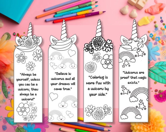 Unicorn Bookmarks Coloring Page Printable for Birthday Favors Unicorn ...