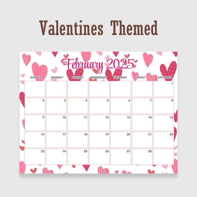February 2025 Calendar Hearts Printable Kid Calendar 2025 Wall Calendar ...